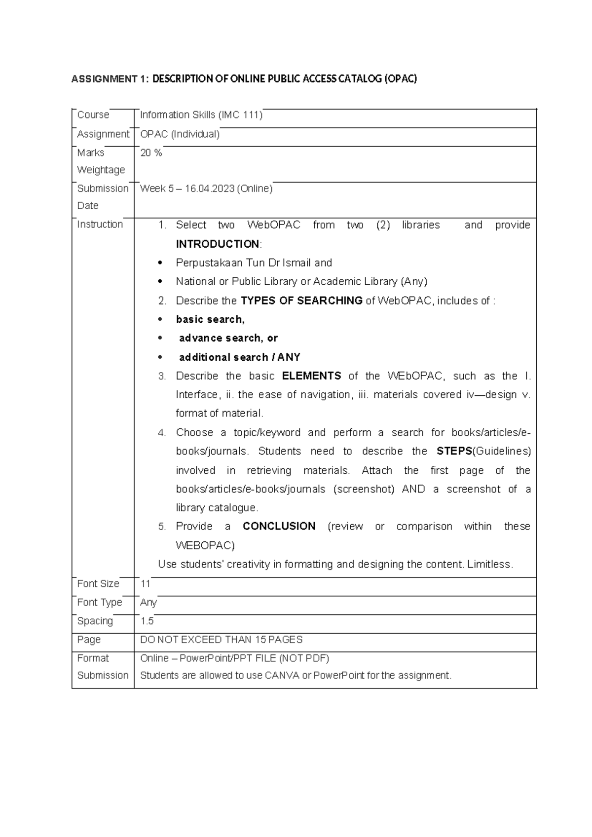 Assignment 1 - OPAC - ASSIGNMENT 1: DESCRIPTION OF ONLINE PUBLIC ACCESS ...