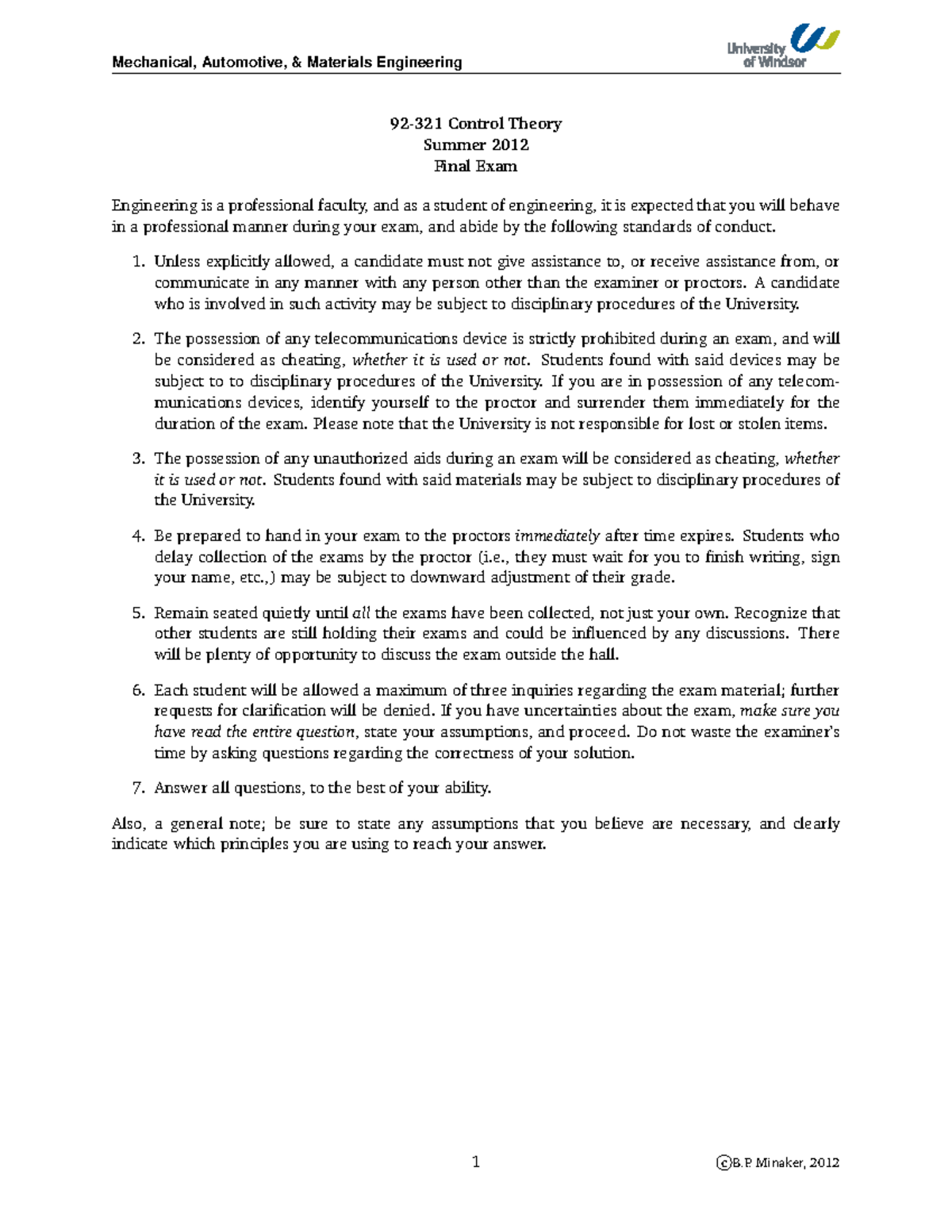 Final 2012 - Exam - 92-321 Control Theory Summer 2012 Final Exam ...