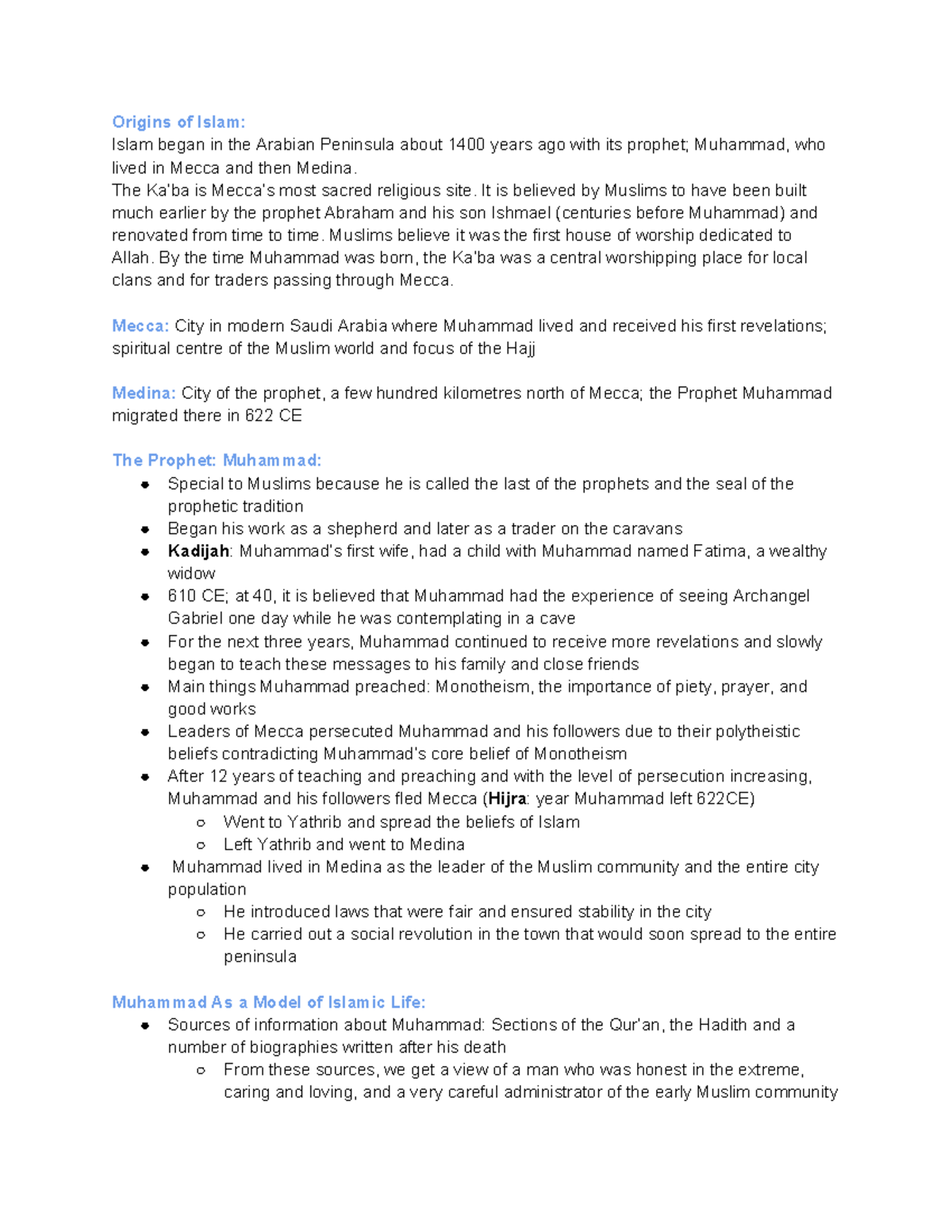 5. Islam Class Notes - Origins of Islam: Islam began in the Arabian ...