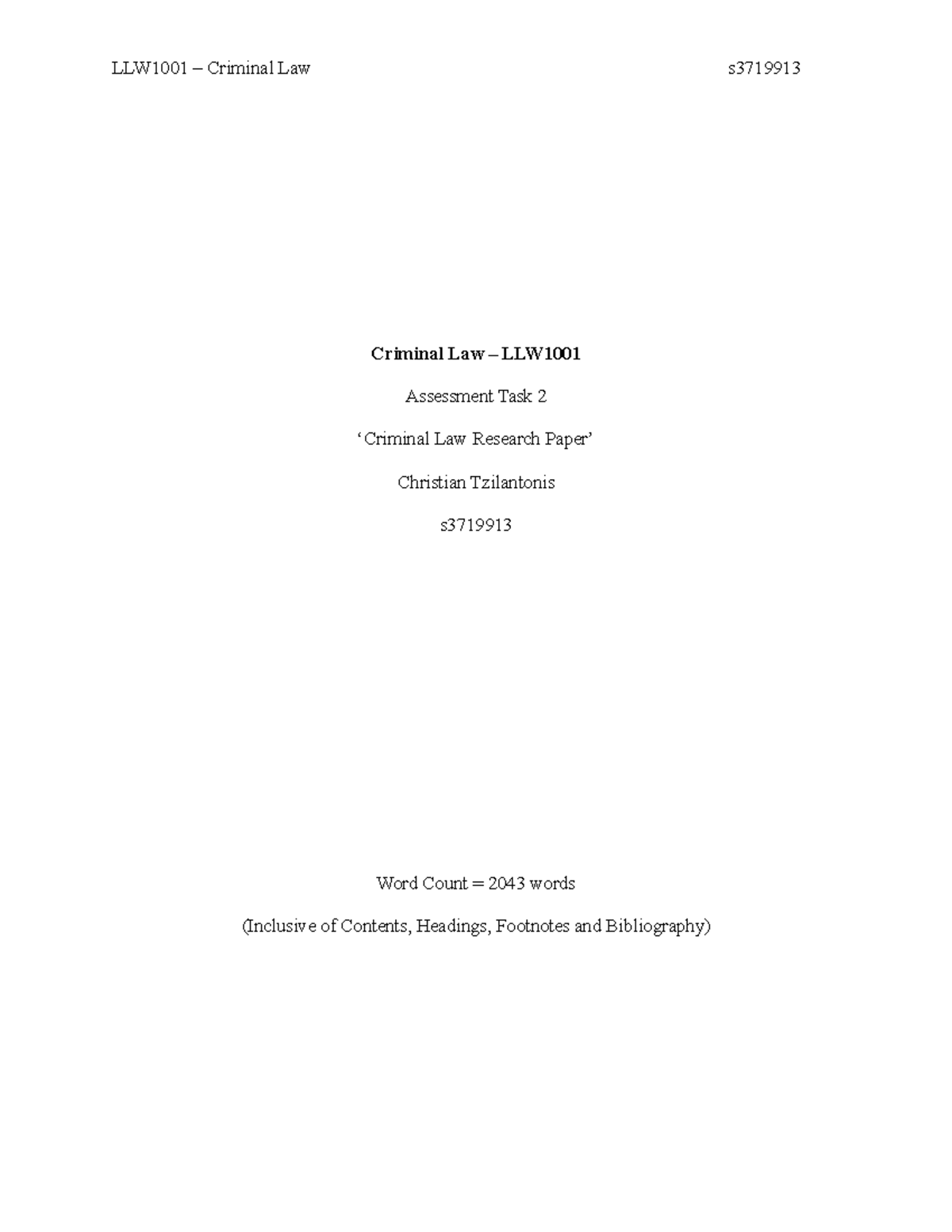 Criminal Law Research Paper - LLW1001 – Criminal Law s Criminal Law ...