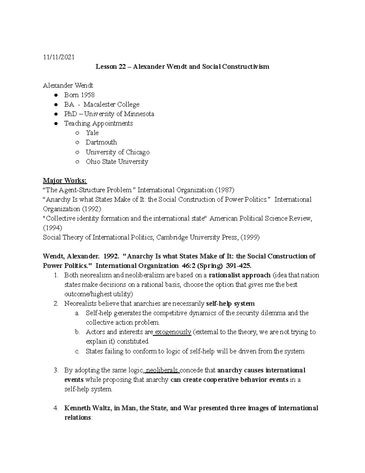 Posc 303 - week 11 - 11/11/ Lesson 22 – Alexander Wendt and Social ...