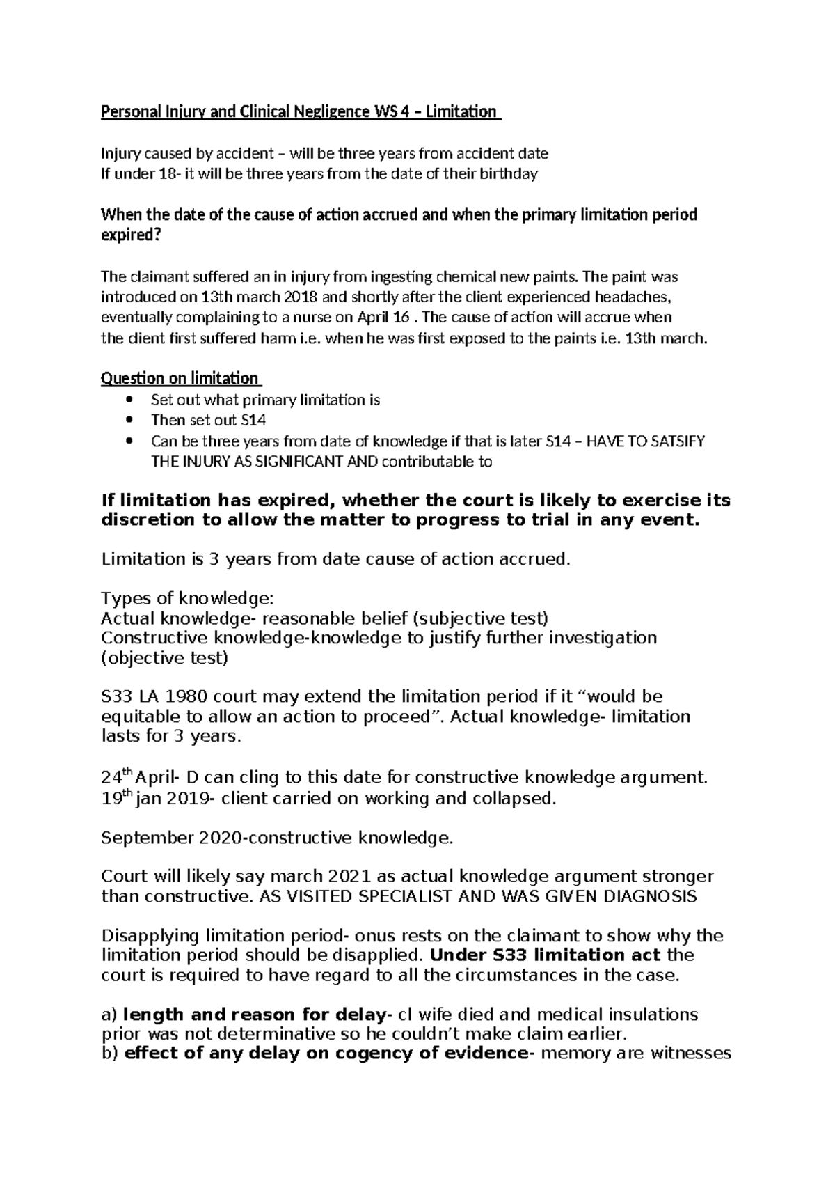 Personal Injury and Clinical Negligence WS 4 - The paint was introduced ...