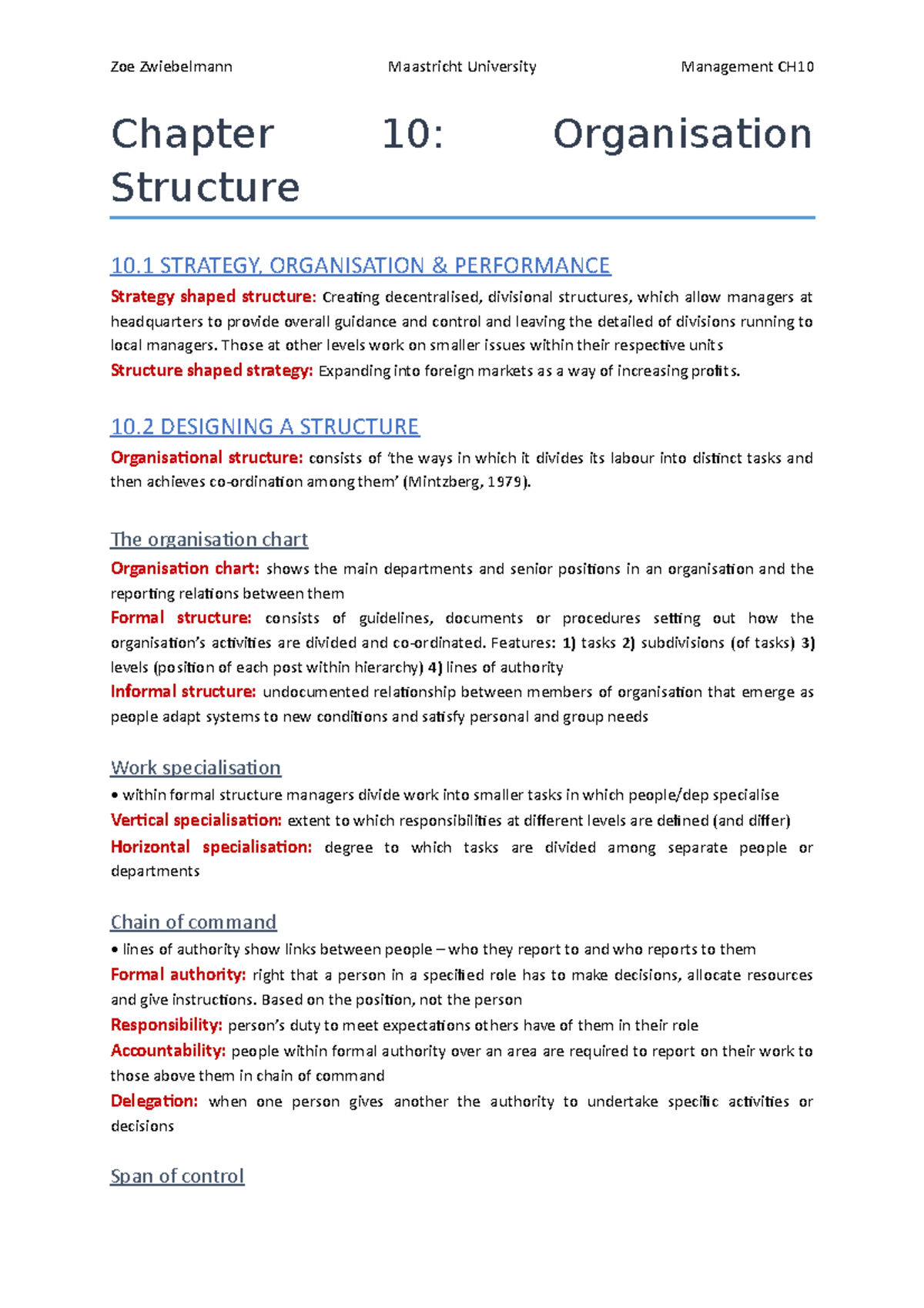 Management Chapter 10 - Chapter 10: Organisation Structure 10 STRATEGY, ORGANISATION & - Studocu