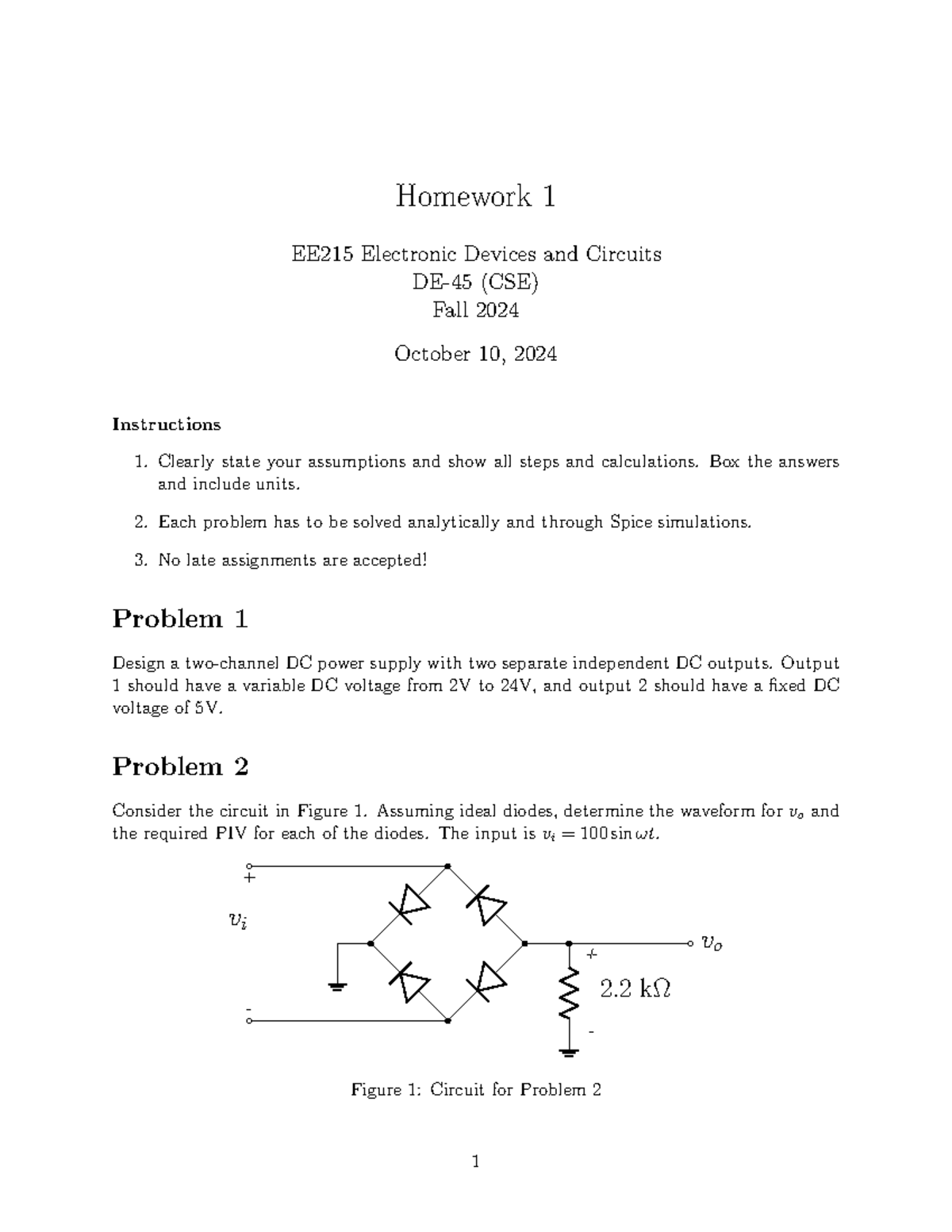 EE215 HW1 - Homework Assignment of Electronic Devices and Circuits - Homework 1 EE215 Electronic ...
