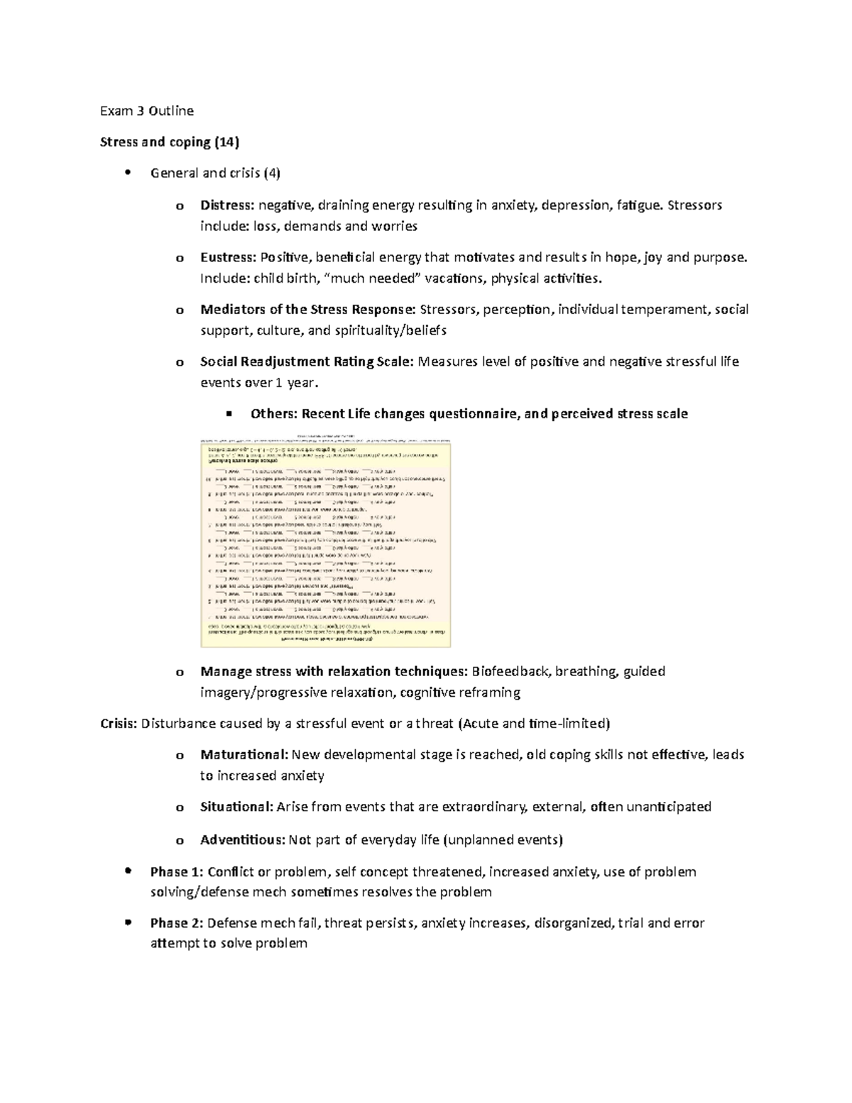 A1 Exam 3 Outline - Exam 3 Outline Stress and coping (14) General and ...