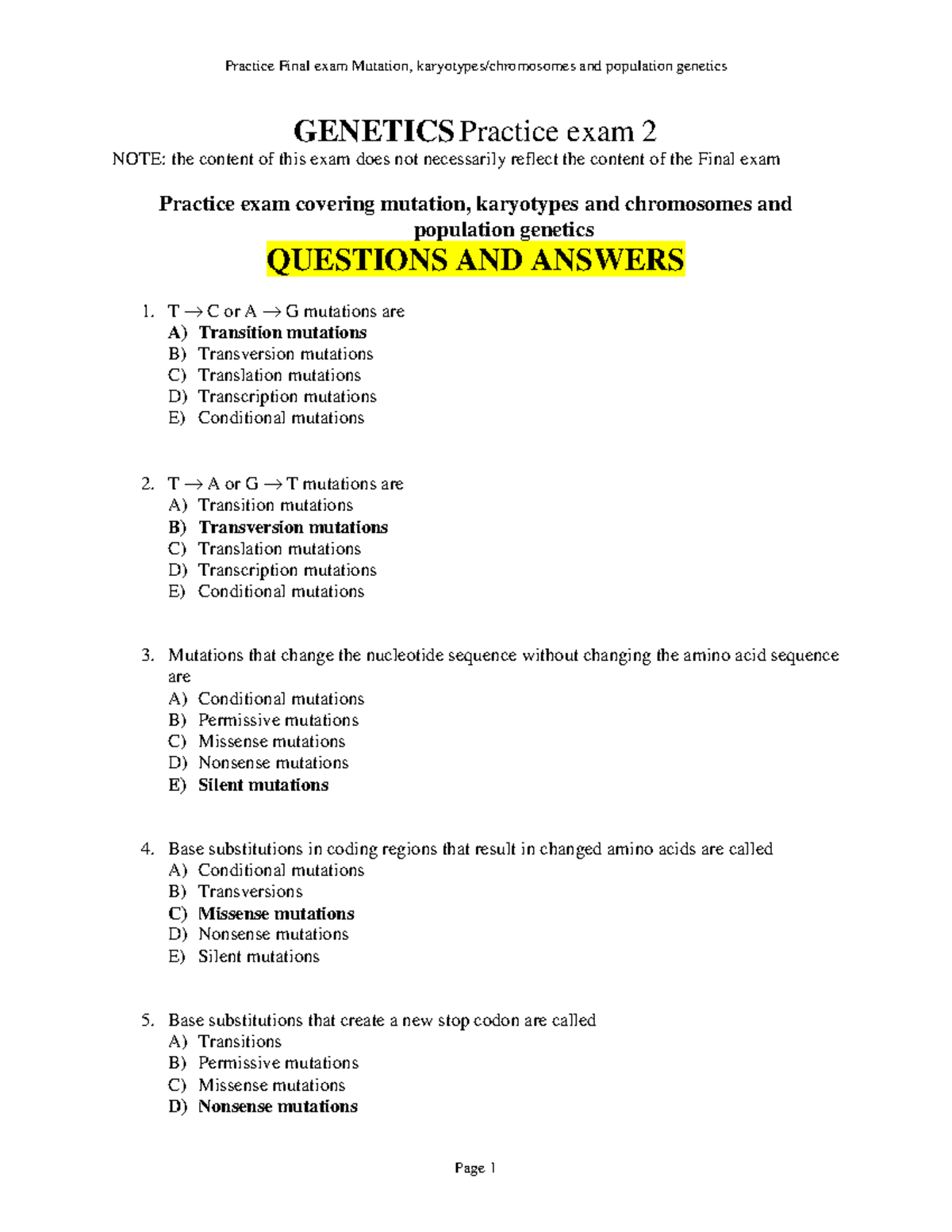 Practice Final Exam 2 Answers - GENETICS Practice exam 2 NOTE: the ...