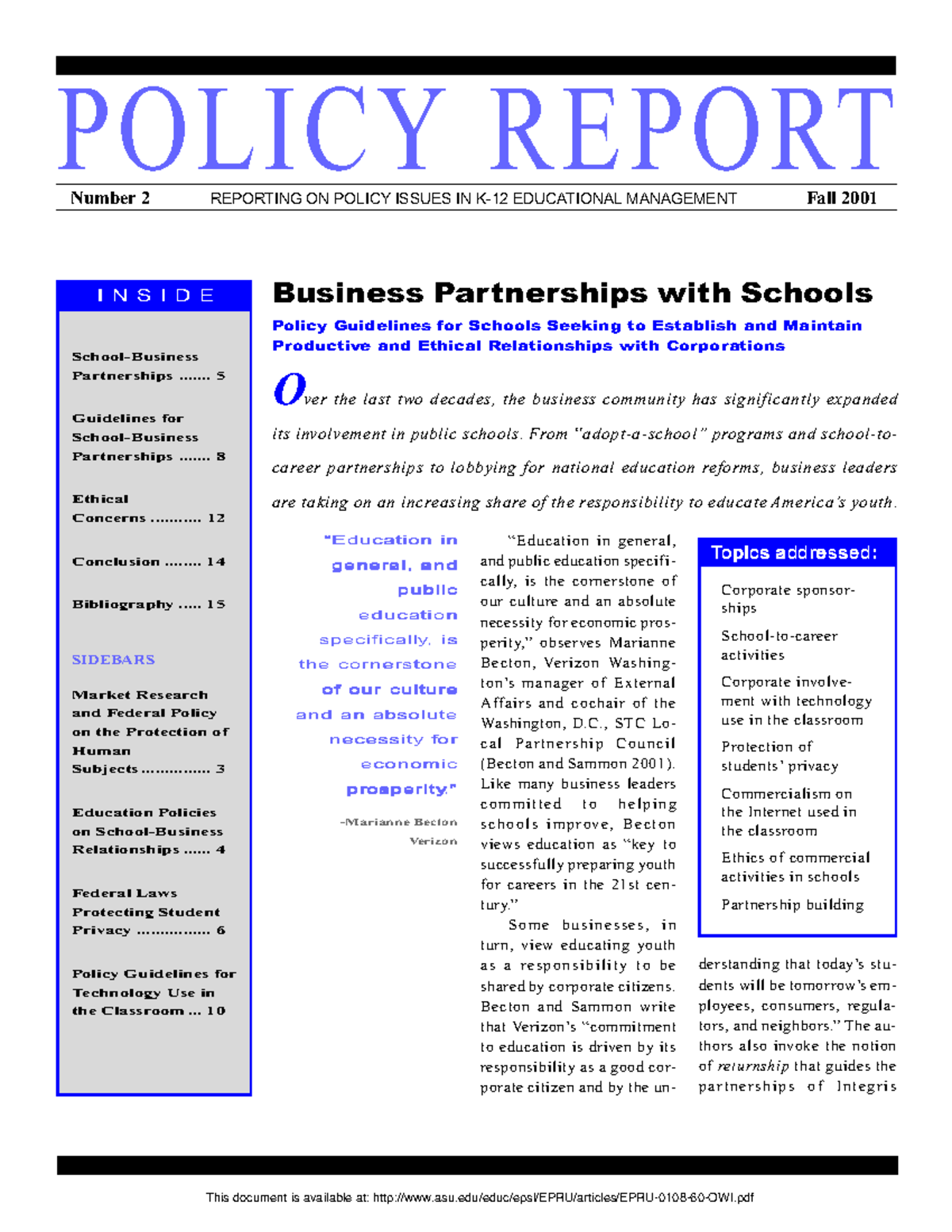 Policy report business partnership with school - POLICY REPORT Number 2 ...