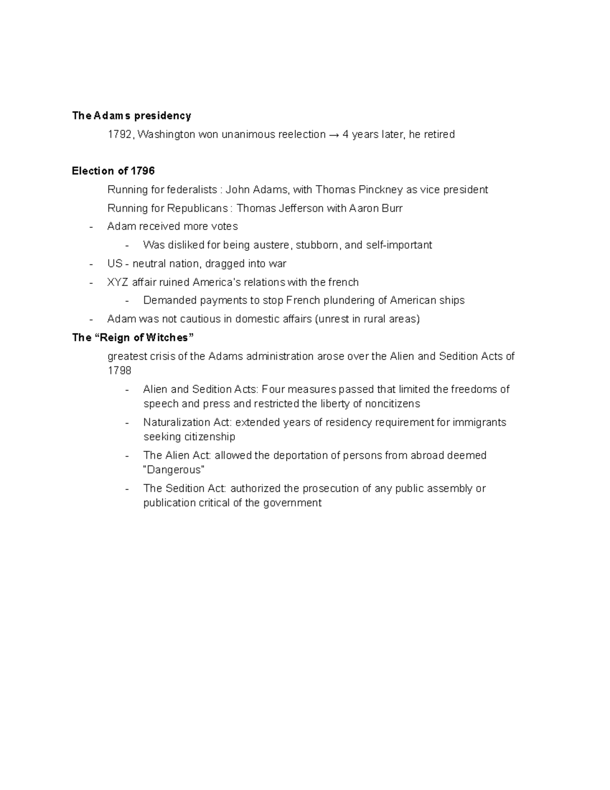 History notes - Give Me Liberty CH 10 section "The Adams presidency ...