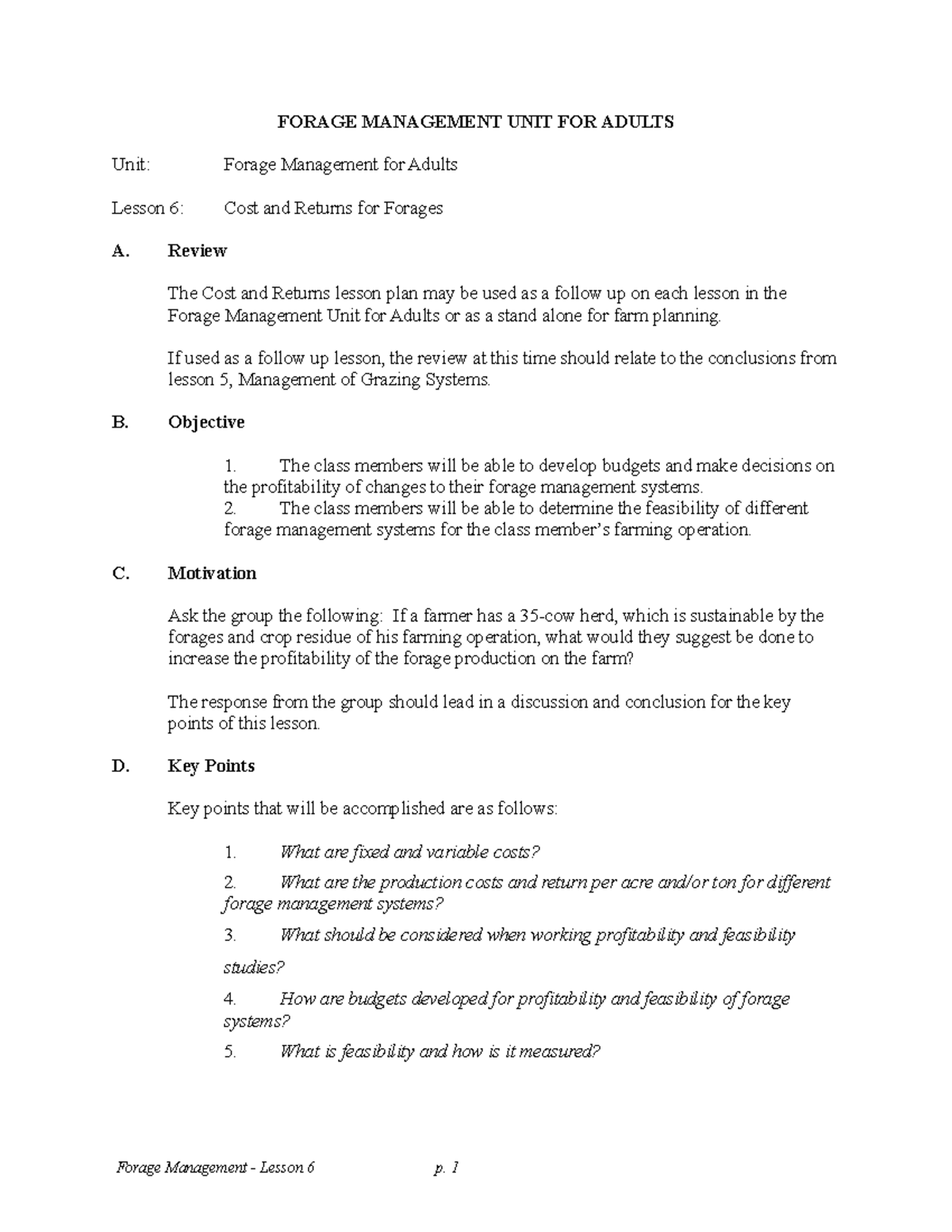 Lecture 6 Cost and Returns for Forages - FORAGE MANAGEMENT UNIT FOR ...