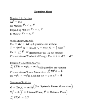 Kinematics & Dynamics: Exam #1 Equation Sheet - Equations Sheet ...