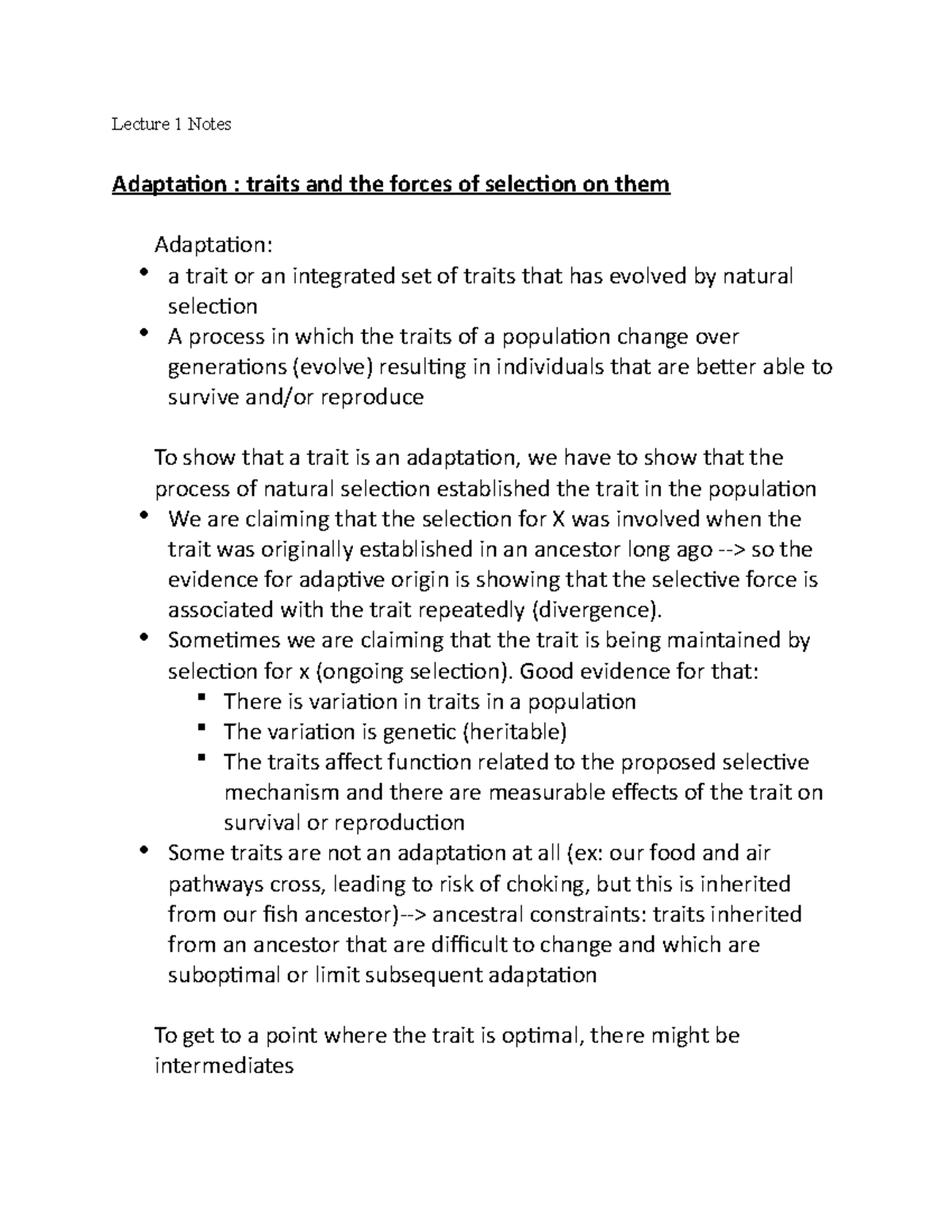 Lecture 1 Notes - Lecture 1 Notes Adaptation : traits and the forces of ...