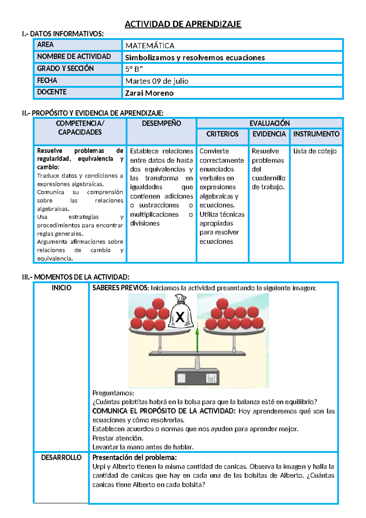 Sesión 5to grado Simbolizamos y resolvemos ecuaciones. - ACTIVIDAD DE APRENDIZAJE I.- DATOS ...