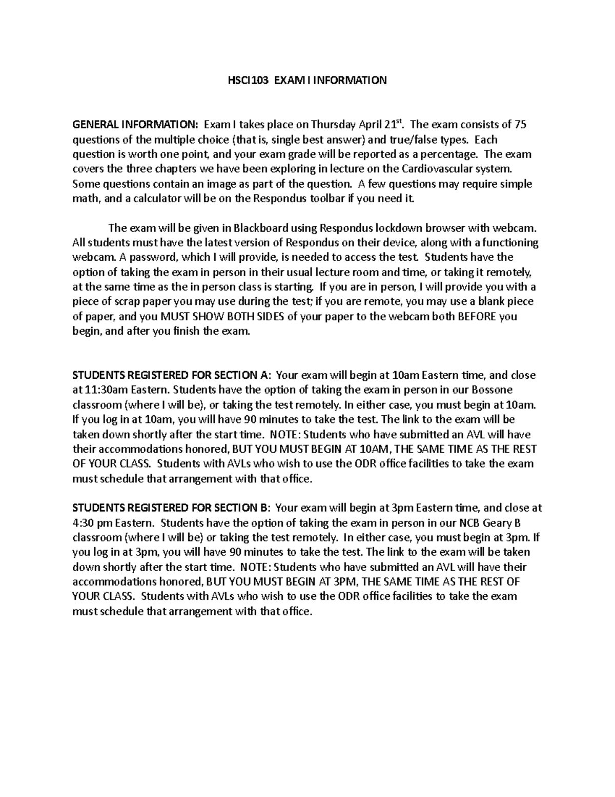 HSCI103 EXAM I Information - HSCI103 EXAM I INFORMATION GENERAL ...