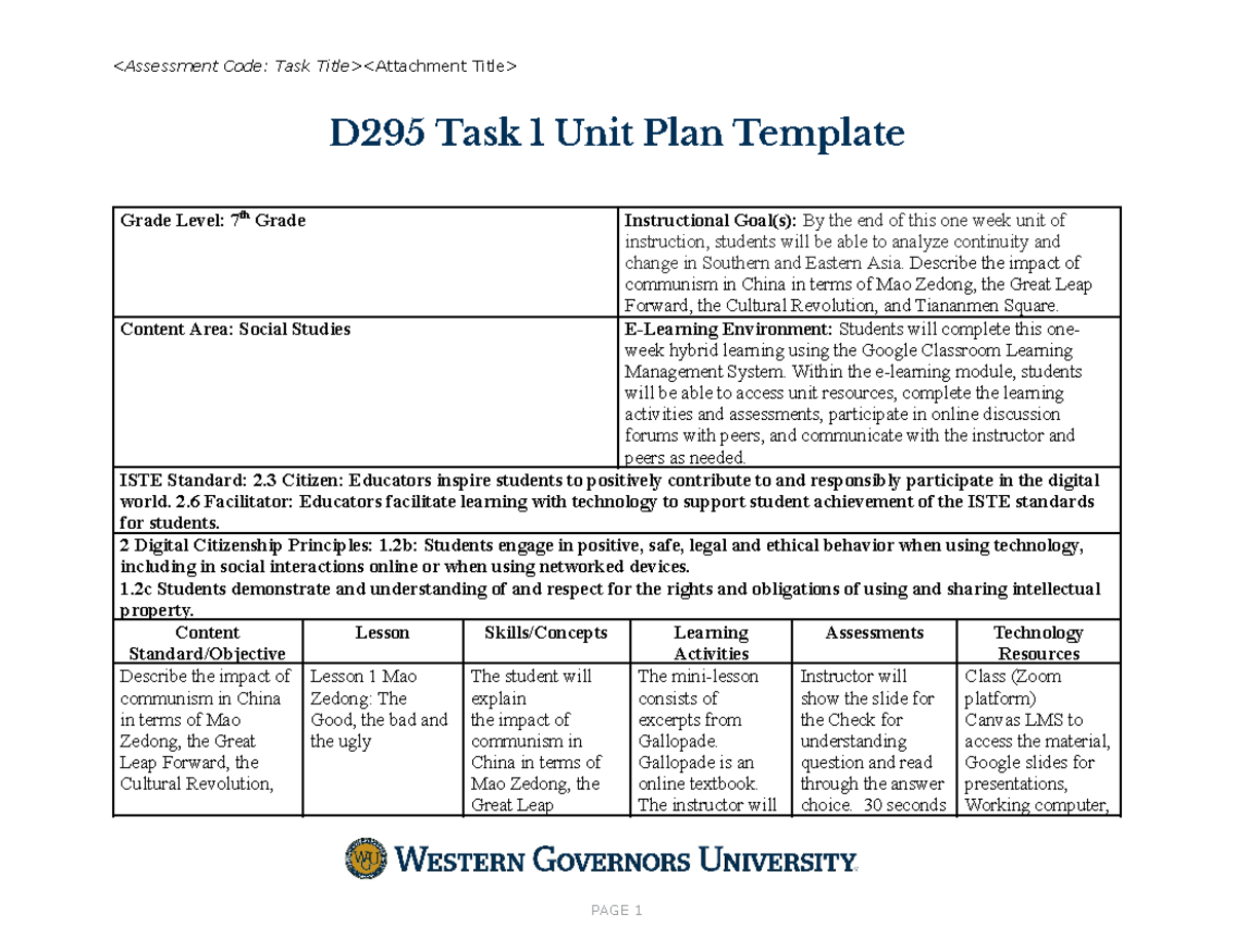 Unit Plan Template - D295 Task 1 Unit Plan Template Grade Level: 7th ...