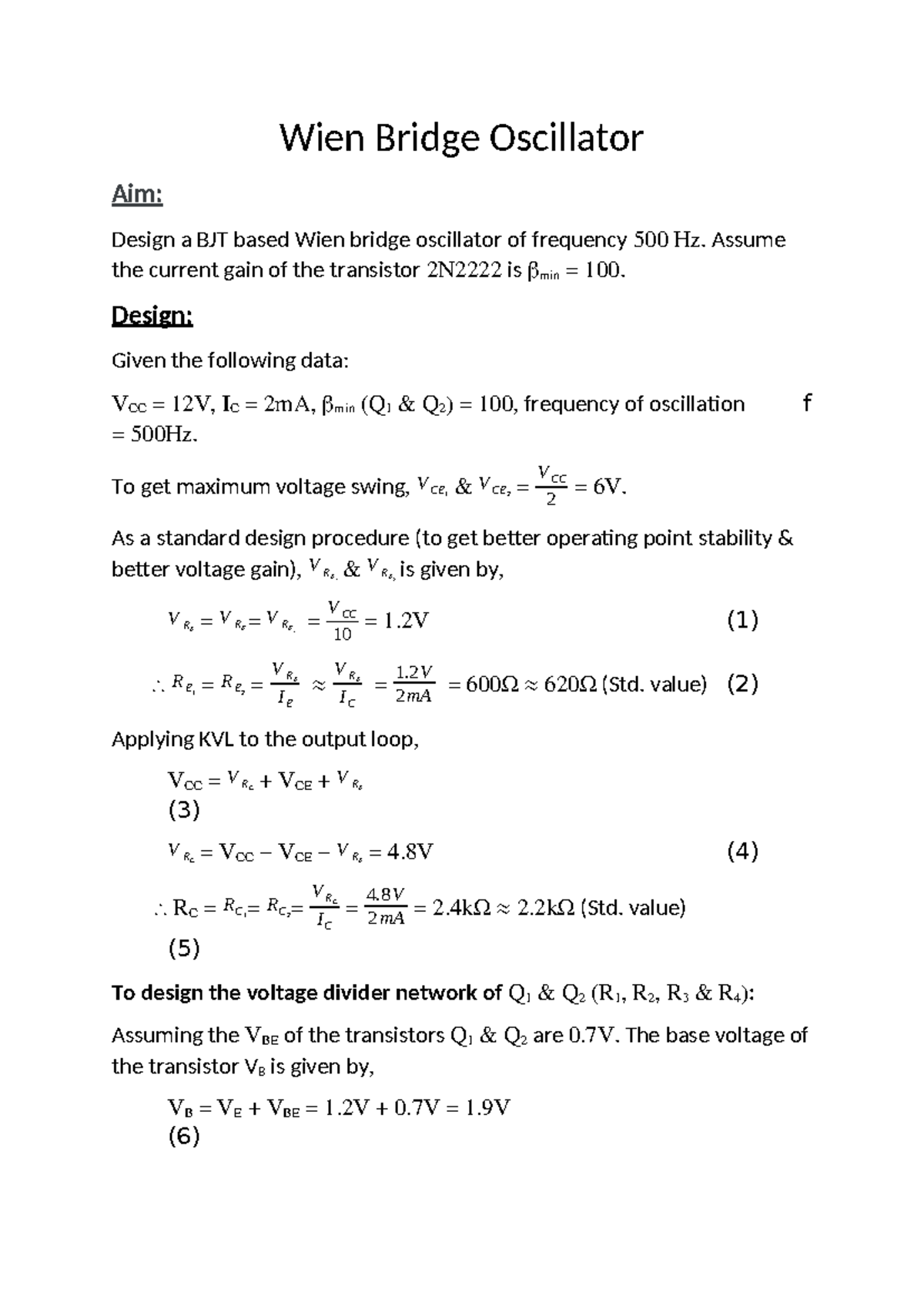 Wein Bridge Oscillator - Wien Bridge Oscillator Aim: Design a BJT based ...