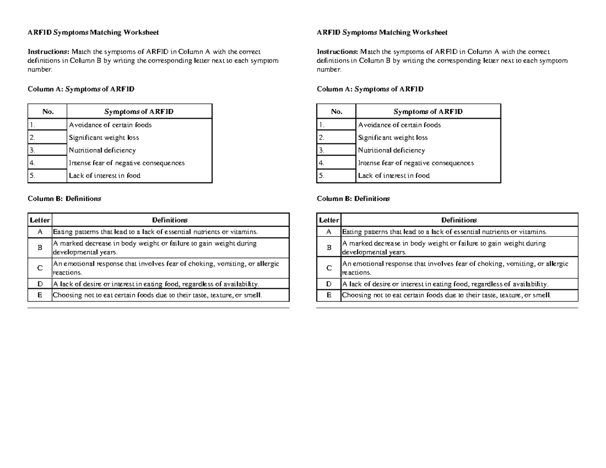 Arfid Symptoms Matching Worksheet - ARFID Symptoms Matching Worksheet ...