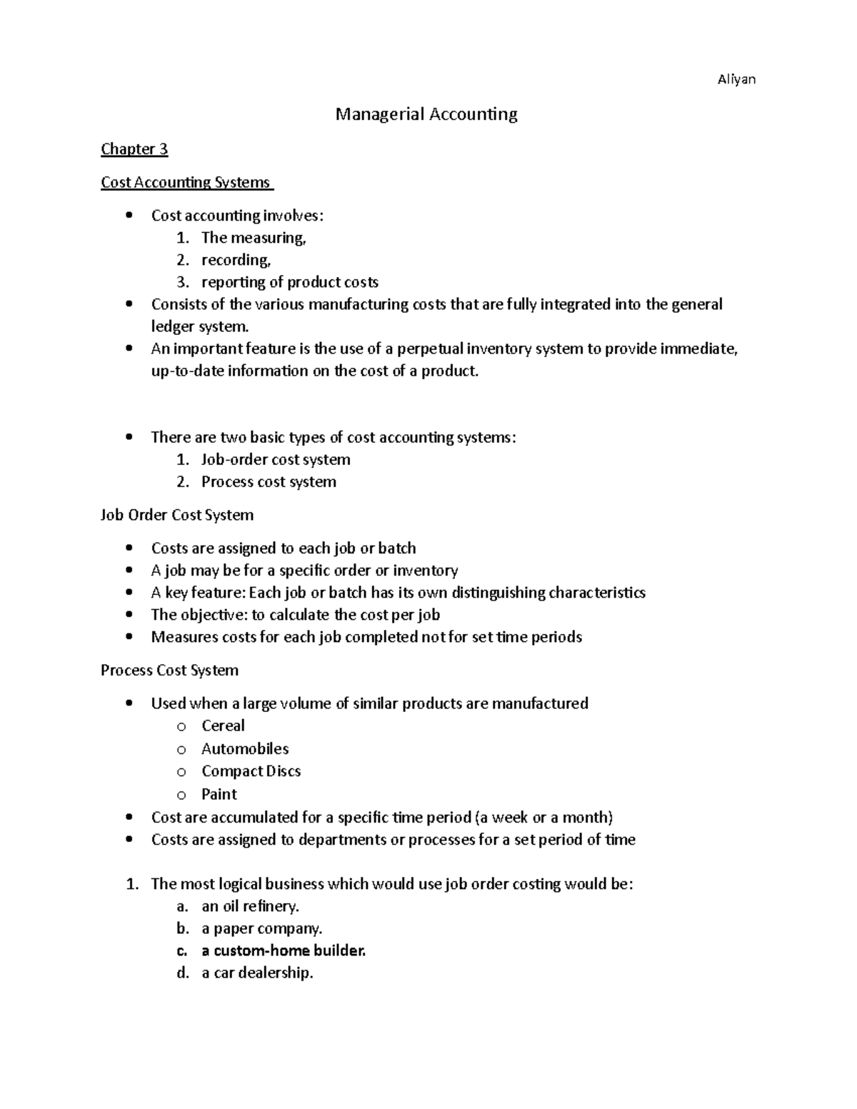 Chapter 3 Notes - Managerial Accouning Chapter 3 Cost Accouning Systems ...