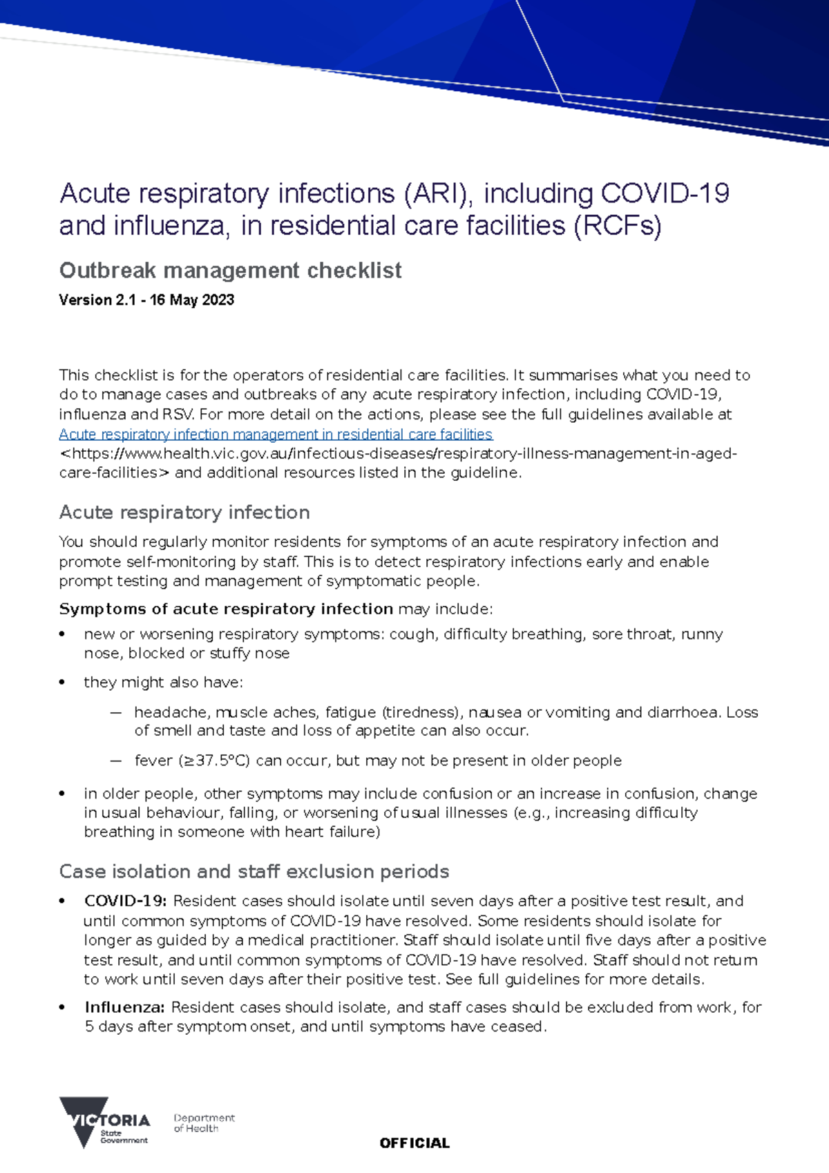 Acute respiratory infections outbreak management checklist - Acute ...