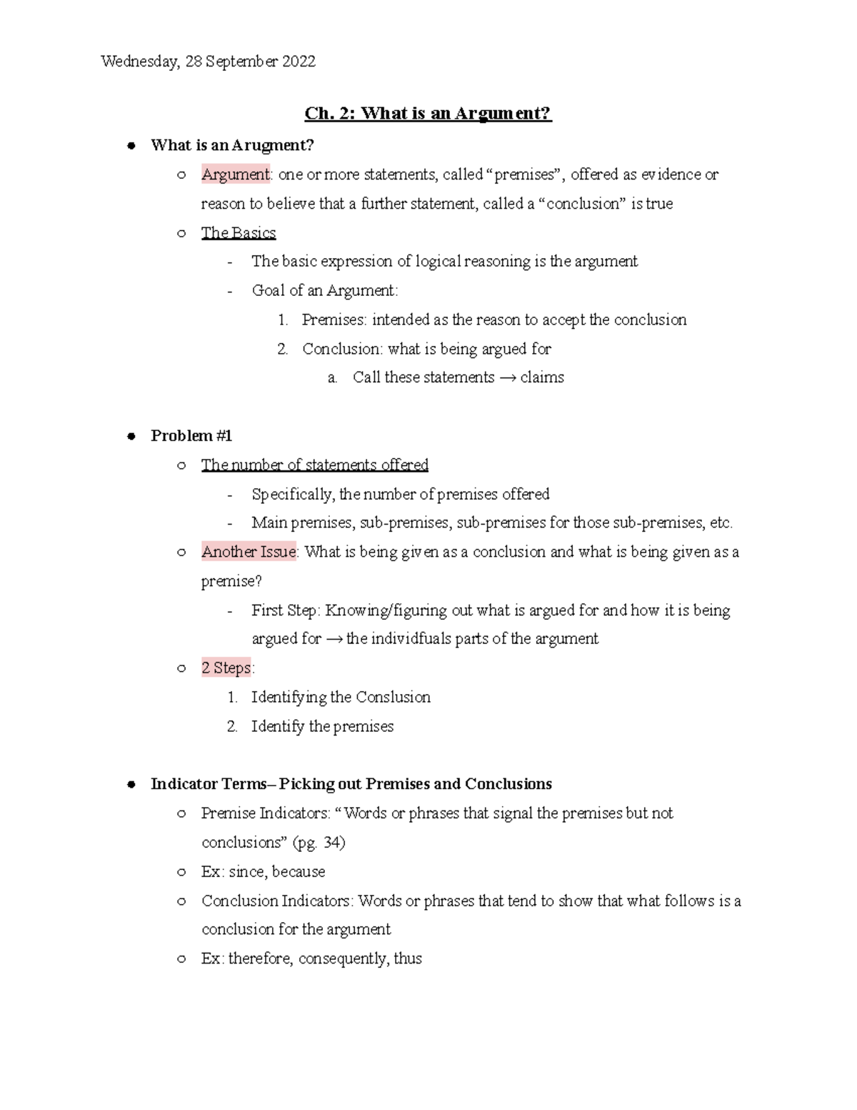 Ch.2 What is an Argument - Wednesday, 28 September 2022 Ch. 2: What is ...