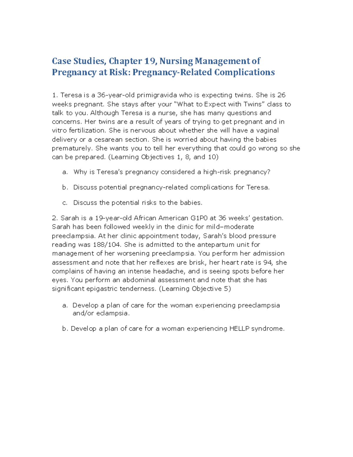 Ricci Kyle 4e CS Chapter 19 - Case Studies, Chapter 19, Nursing ...