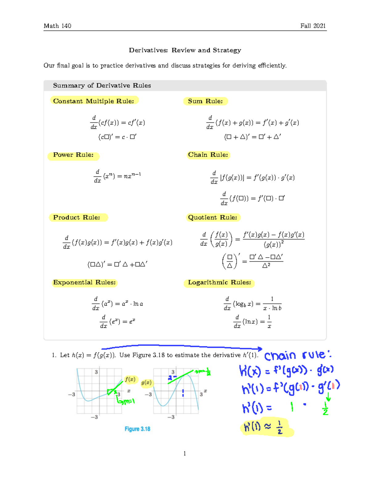 Derivative-Review-1 - math 140 w prof zazzi - Math 140 Fall 2021 Derivatives: Review and ...