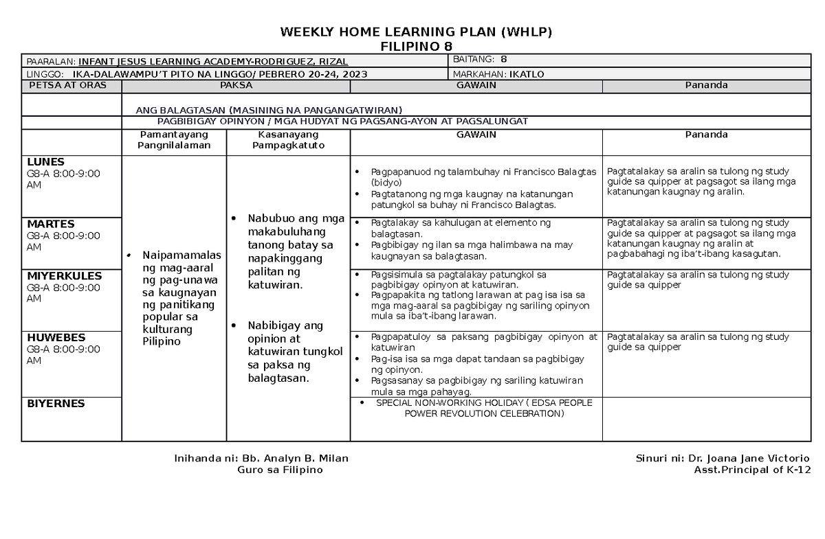WHLP FIL - EWGWGWgwGWE - WEEKLY HOME LEARNING PLAN (WHLP) FILIPINO 8 ...