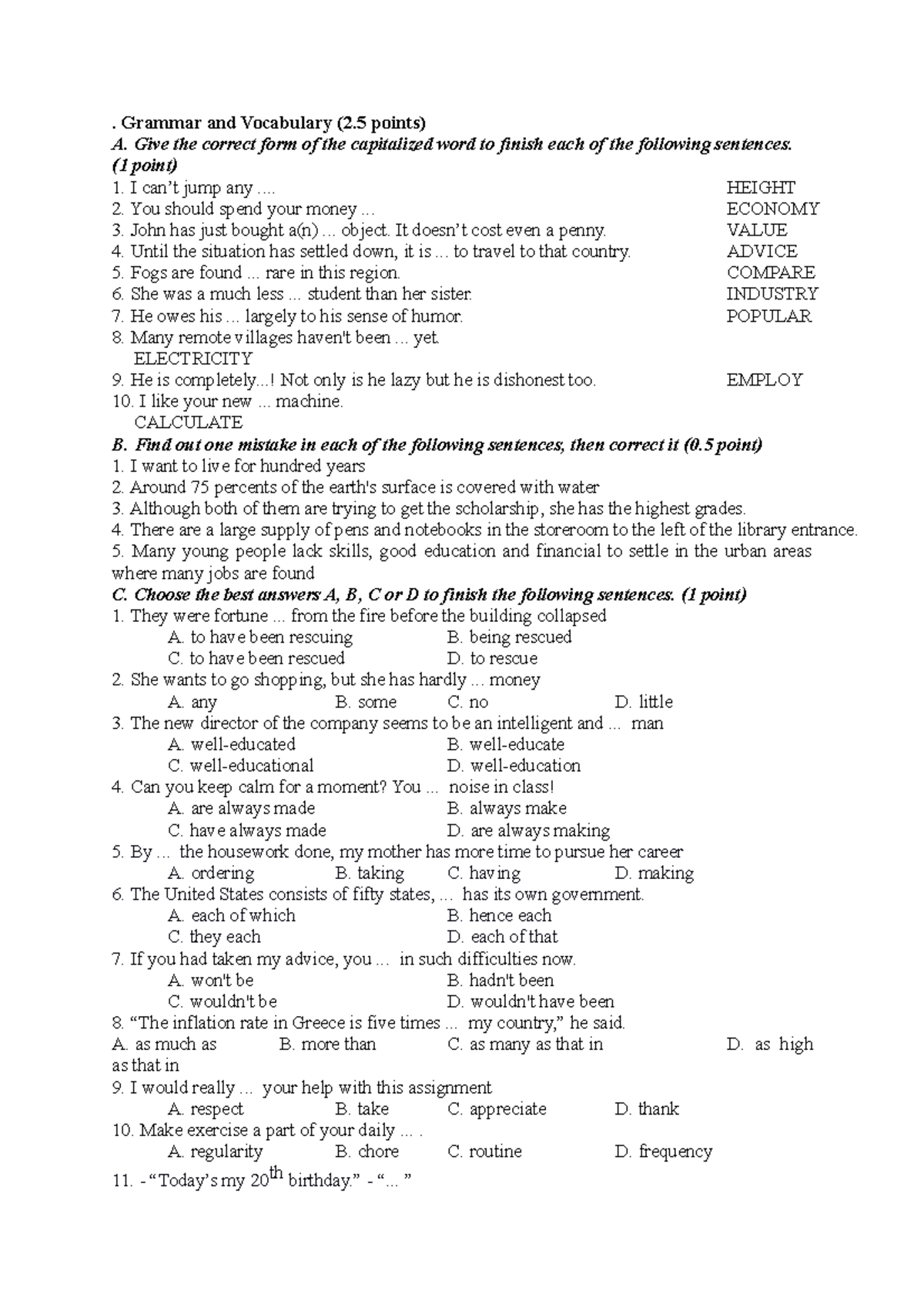 Homwork 8A - English - . Grammar and Vocabulary (2 points) A. Give the ...