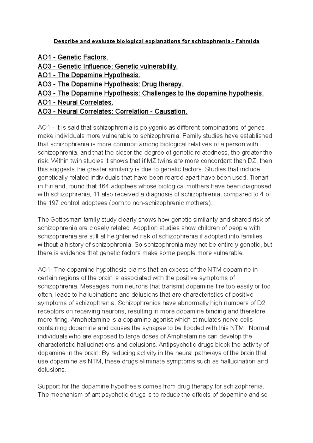 Biological Explanations for Schizophrenia Essay - Describe and evaluate ...