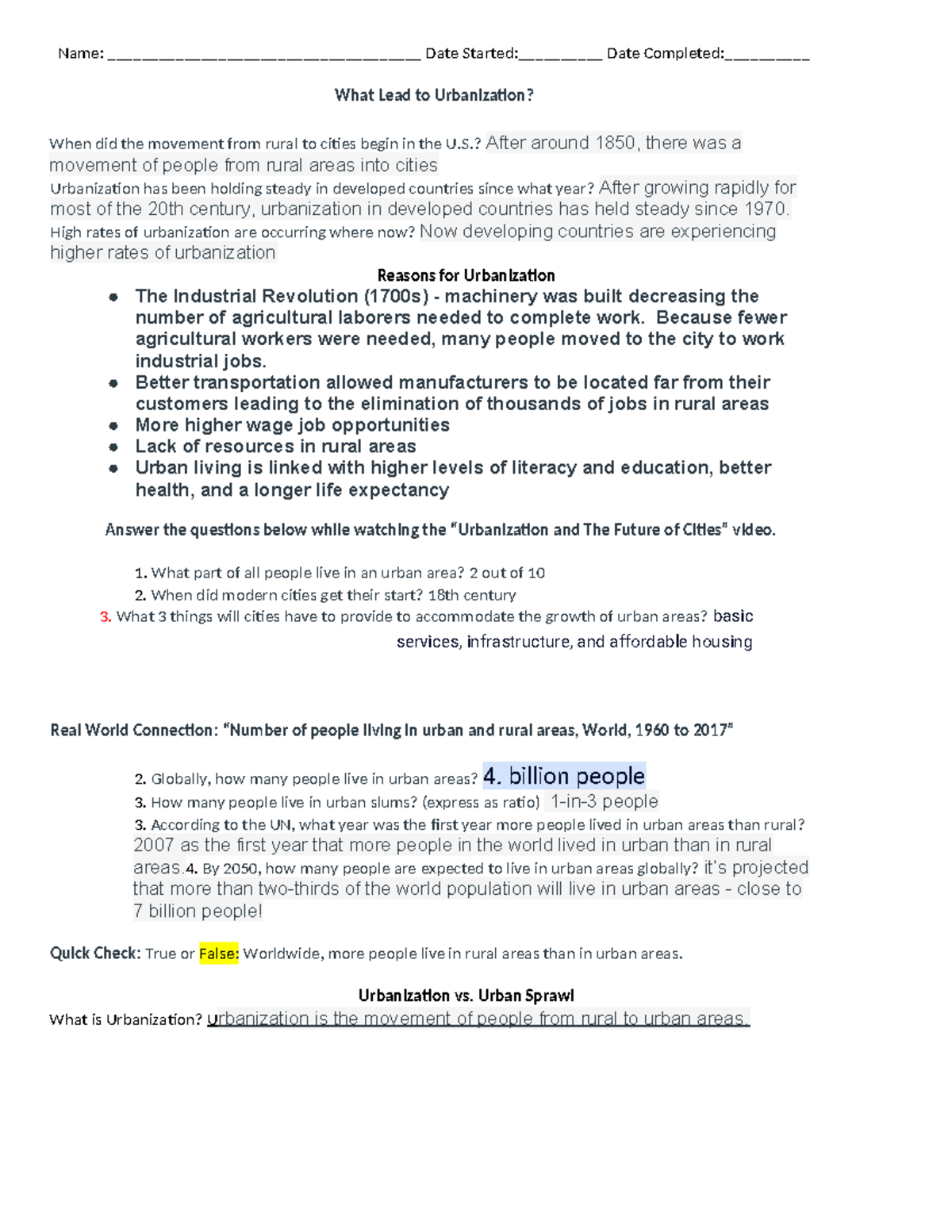 EV4.b Urbanization - Student Notes - Name ...