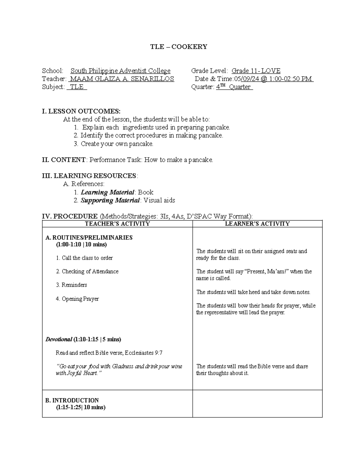 TLE-LP - TLE – COOKERY School: South Philippine Adventist College Grade ...