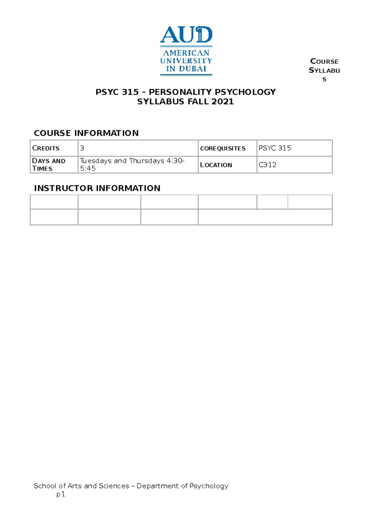 PSYC 315 Personality Psychology - PSYC 315 – PERSONALITY PSYCHOLOGY SYLLABUS FALL 2021 COURSE ...