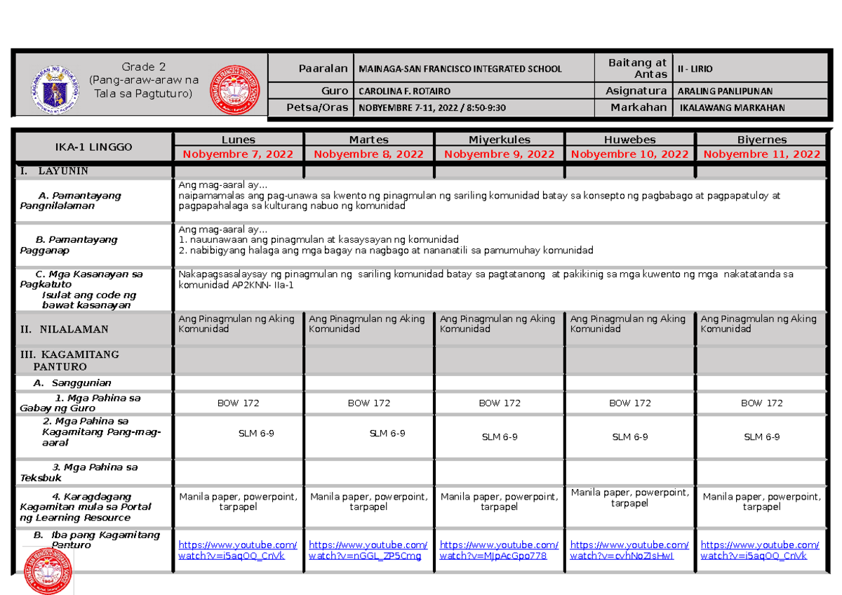 DLL-AP Q2 Week-1-2022-2023-NEW - Paaralan MAINAGA-SAN FRANCISCO INTEGRATED SCHOOL Baitang at ...