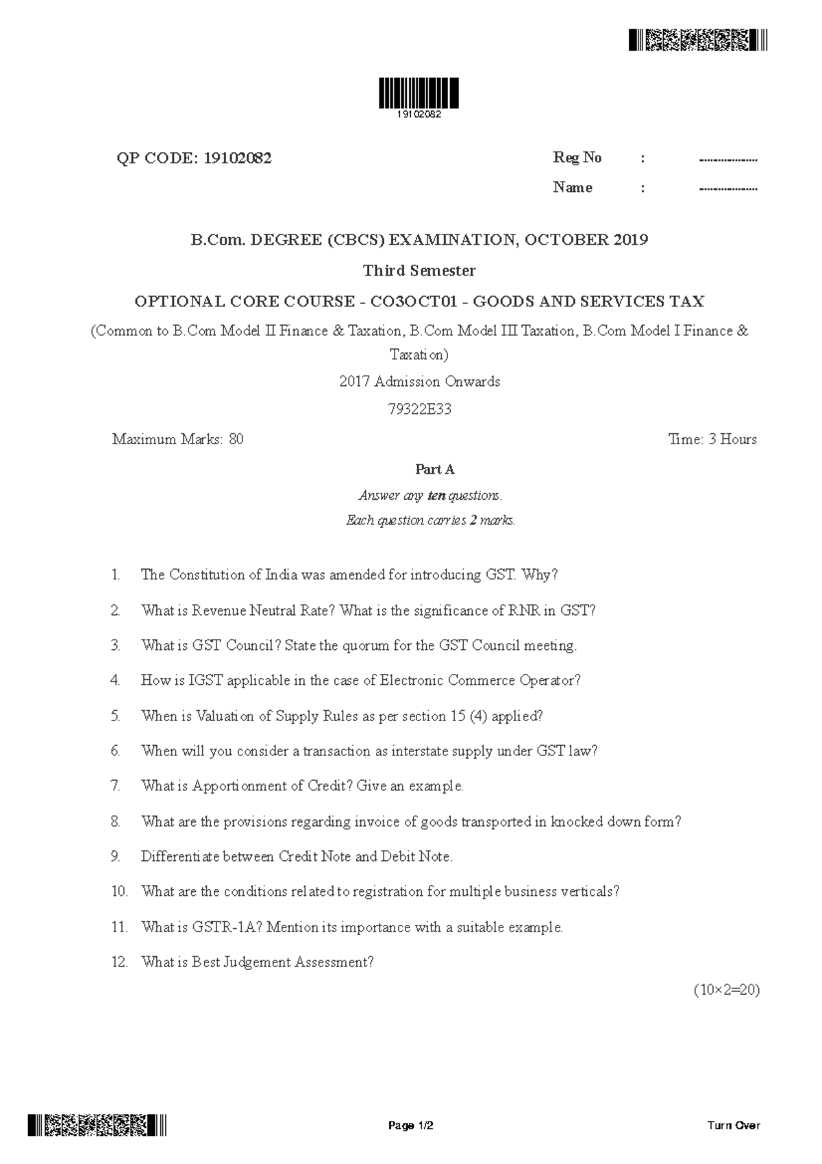 GST Oct 2019 - Material - QP CODE: 19102082 Reg No ...