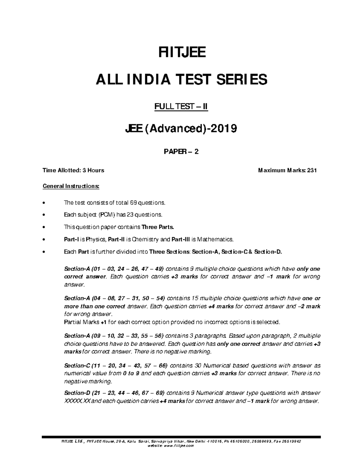 Assessment # 50 (Question Paper) - FIITJEE Lt d., FIIT JEE House, 29-A ...