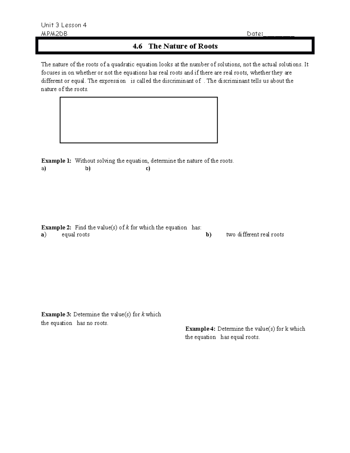 4 6 The Nature Of Roots Summary Unit 3 Lesson 4 MPM2DBDate 4