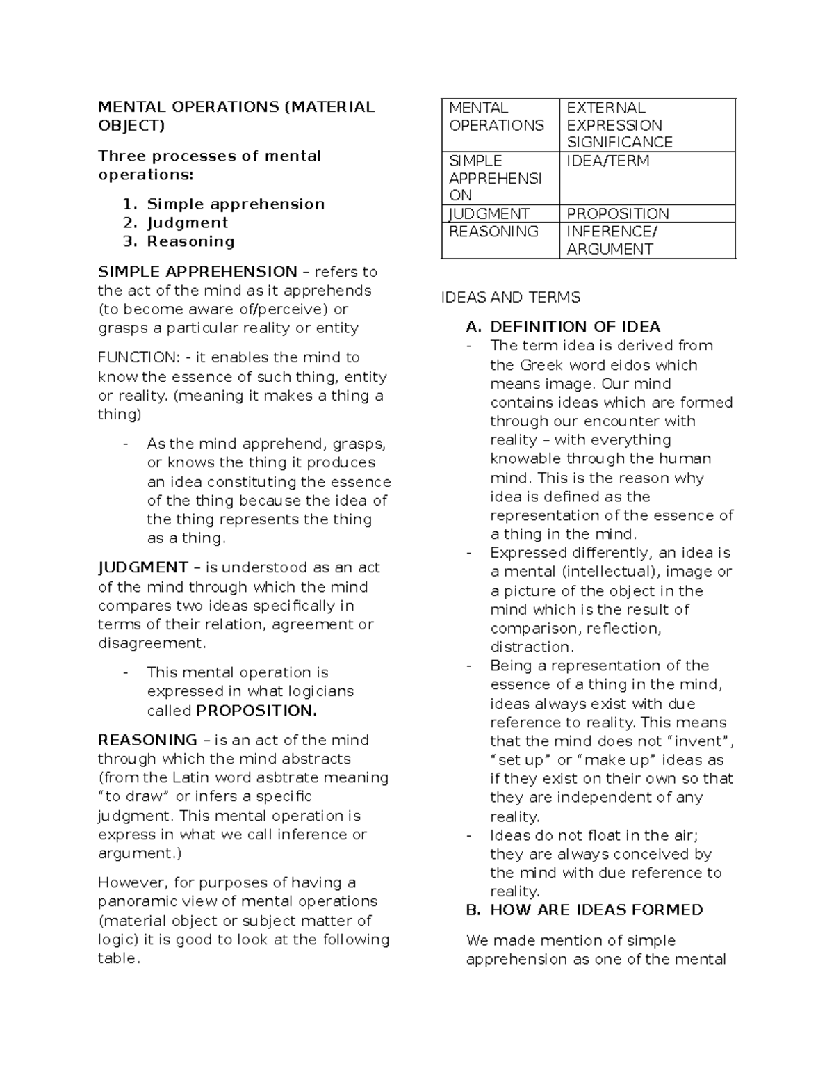 Mental Operations - MENTAL OPERATIONS (MATERIAL OBJECT) Three processes ...
