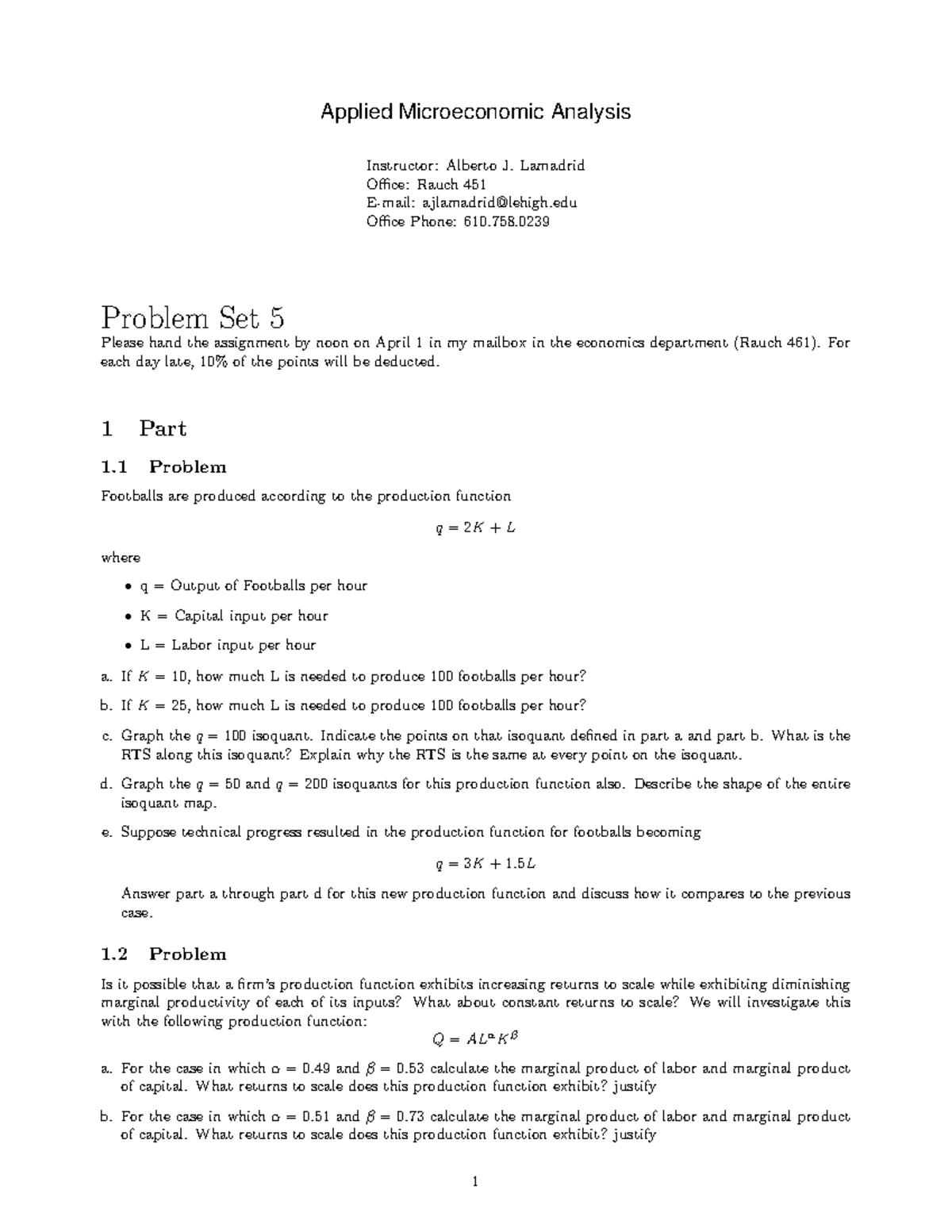 Ps micro 5va - problem set 5a - Applied Microeconomic Analysis ...