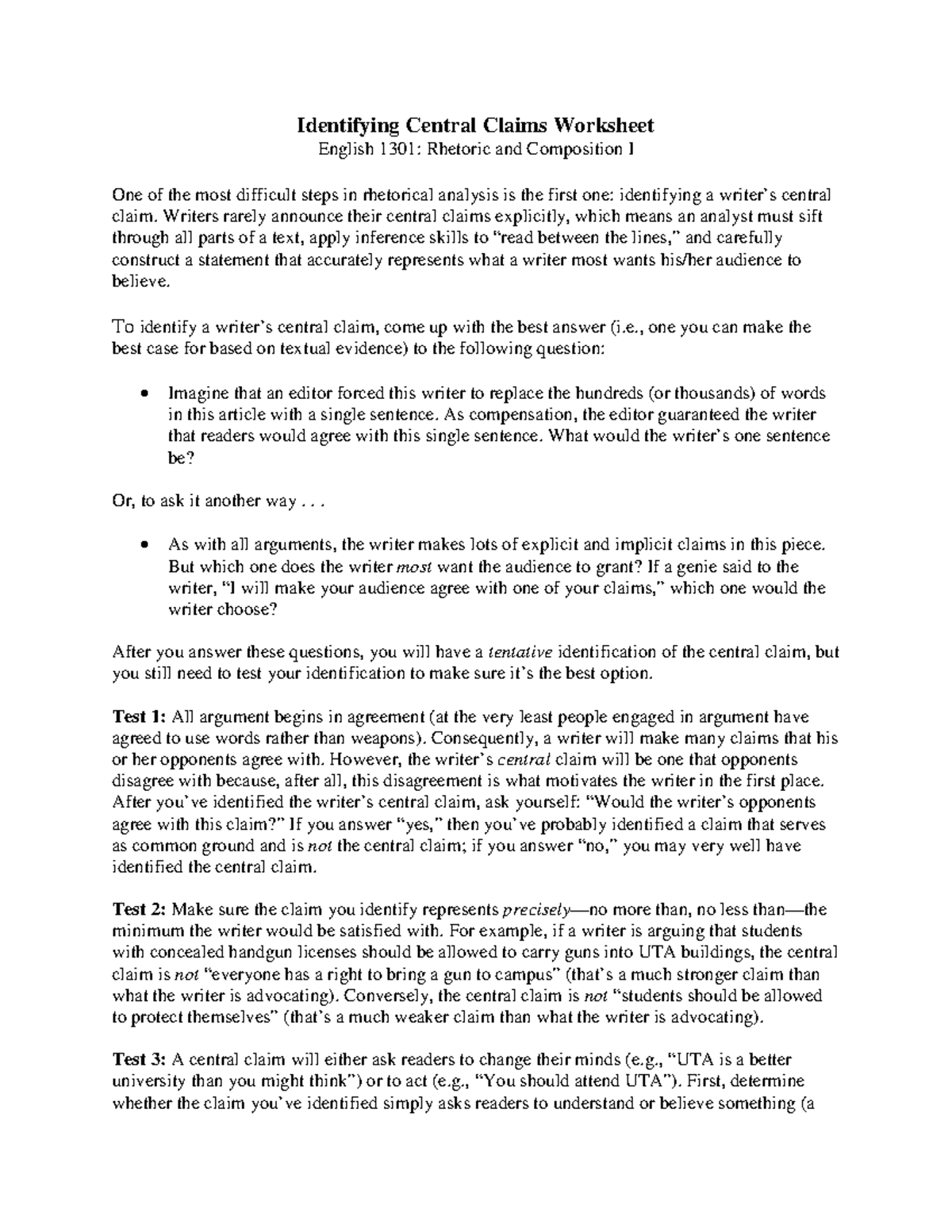 Identifying+Central+Claims+Handout - Identifying Central Claims ...