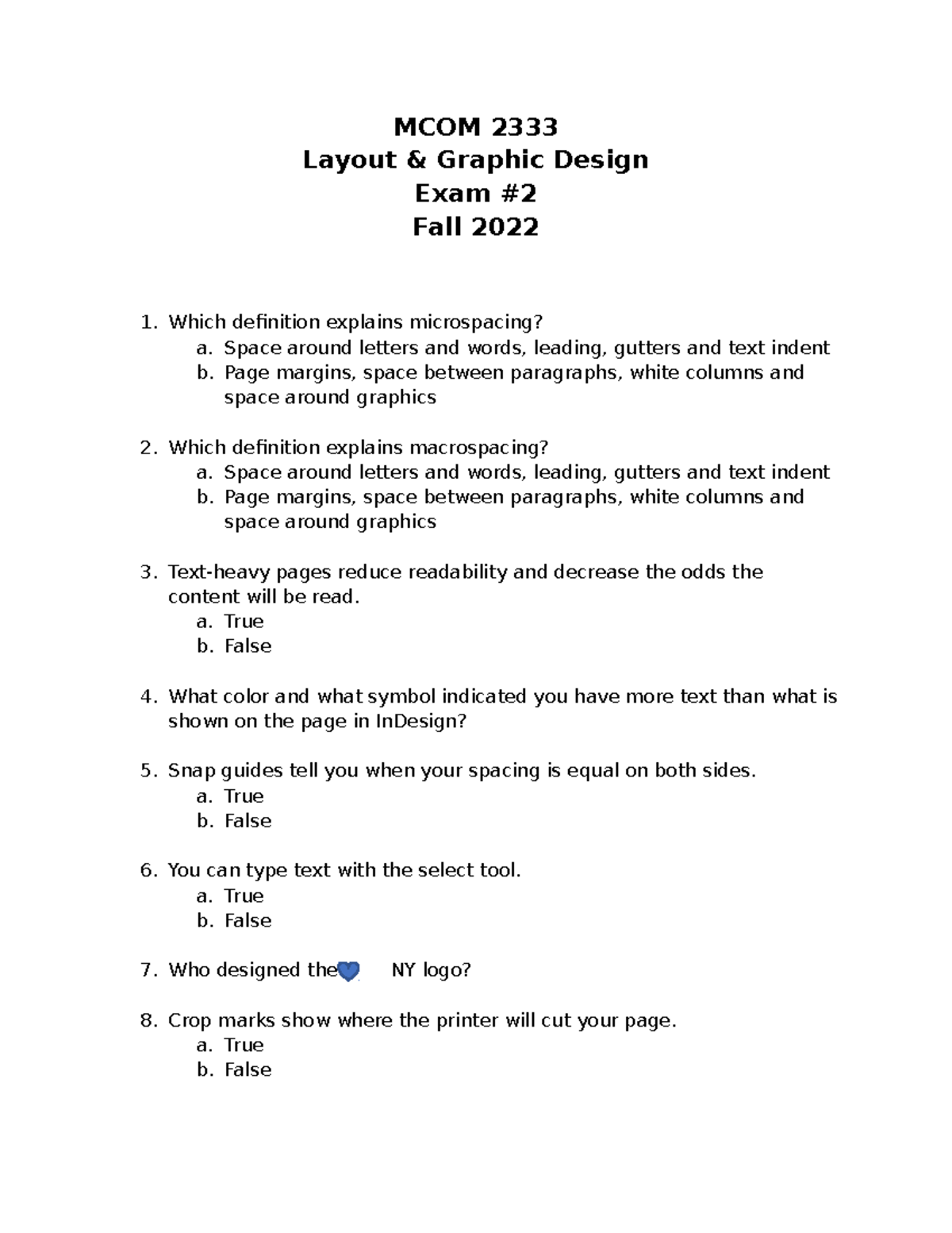 MCOM 2333-Exam 2-FA22 - Practice exam 2 for layout and graphic design ...