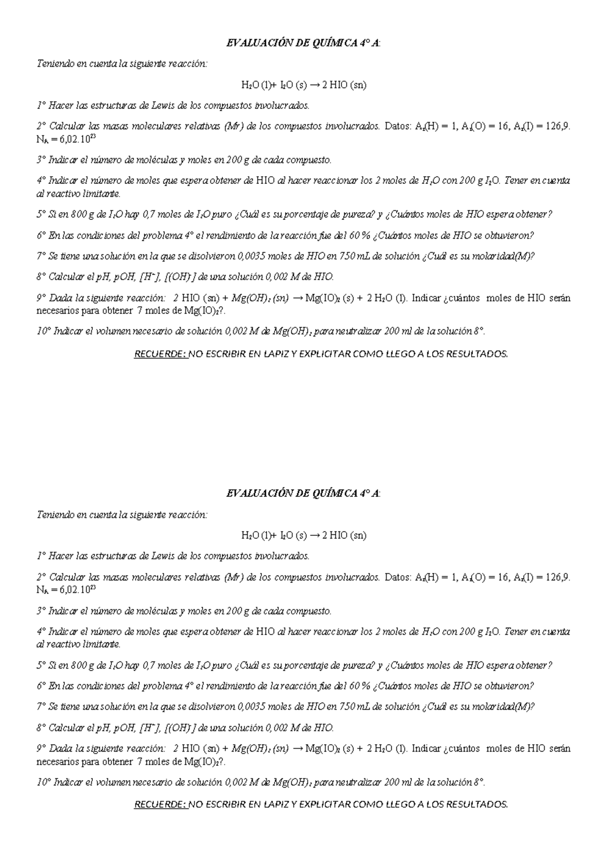 Evaluación 4° A 20 12 2019 - EVALUACIÓN DE QUÍMICA 4° A: Teniendo en ...