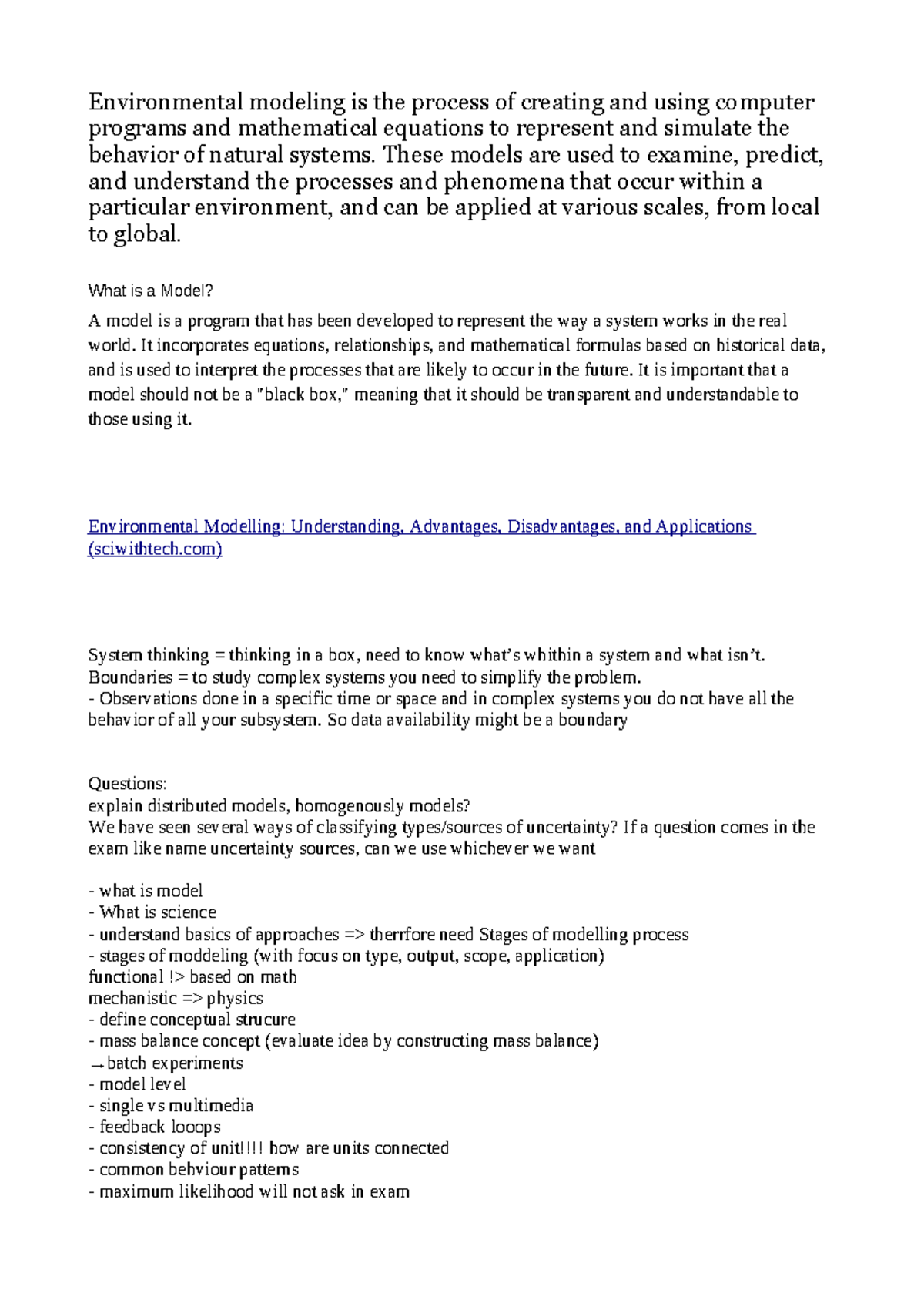 Summary System Analysis - Environmental modeling is the process of ...