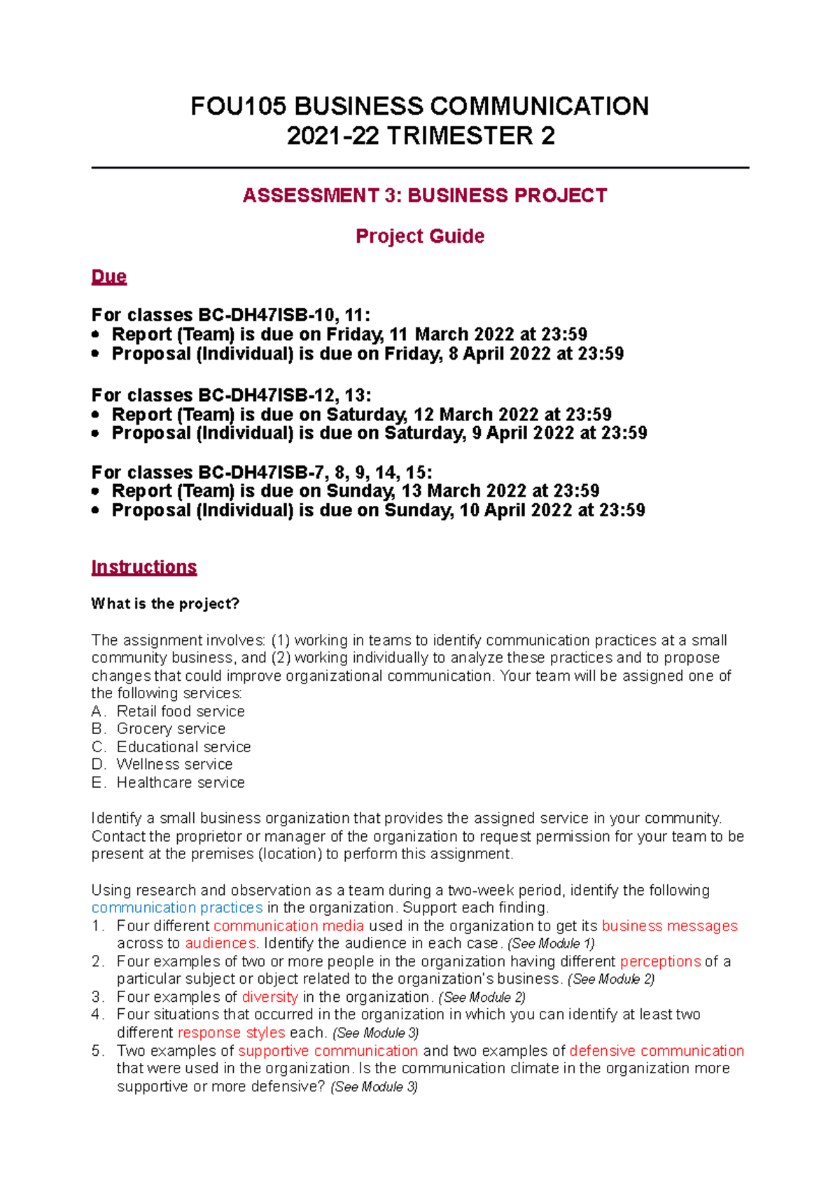 Business Communication 2021-22 T2 - Project Guide - FOU105 BUSINESS ...