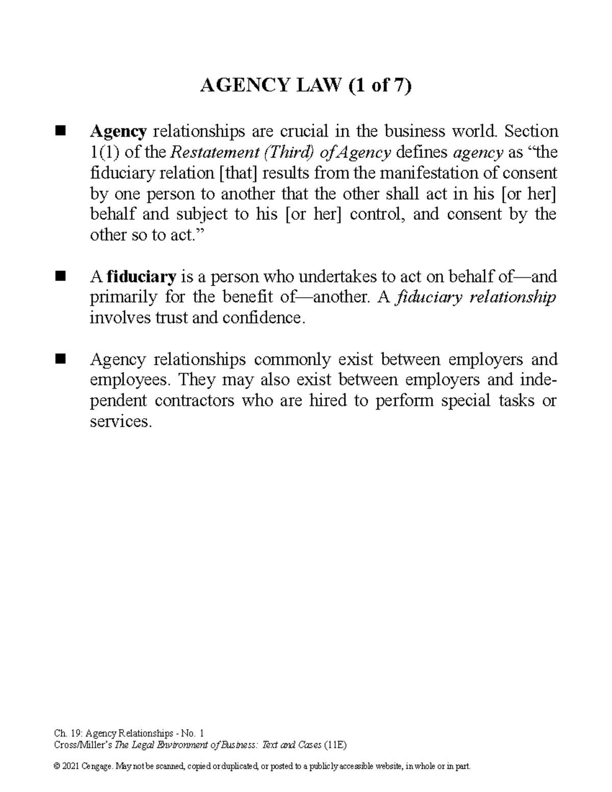 Cross-miller 11e lecture ch19 - AGENCY LAW (1 of 7) Agency ...