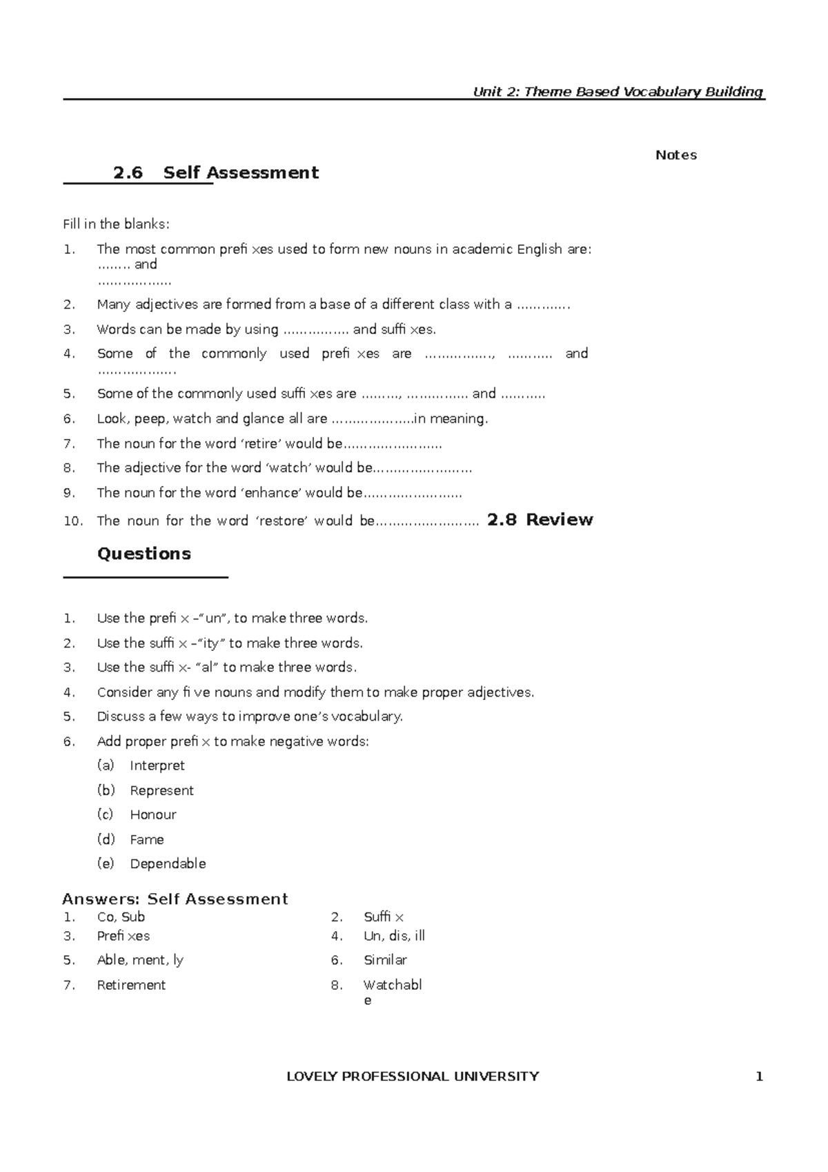 Self Assessment 2 - notes - Unit 2: Theme Based Vocabulary Building ...