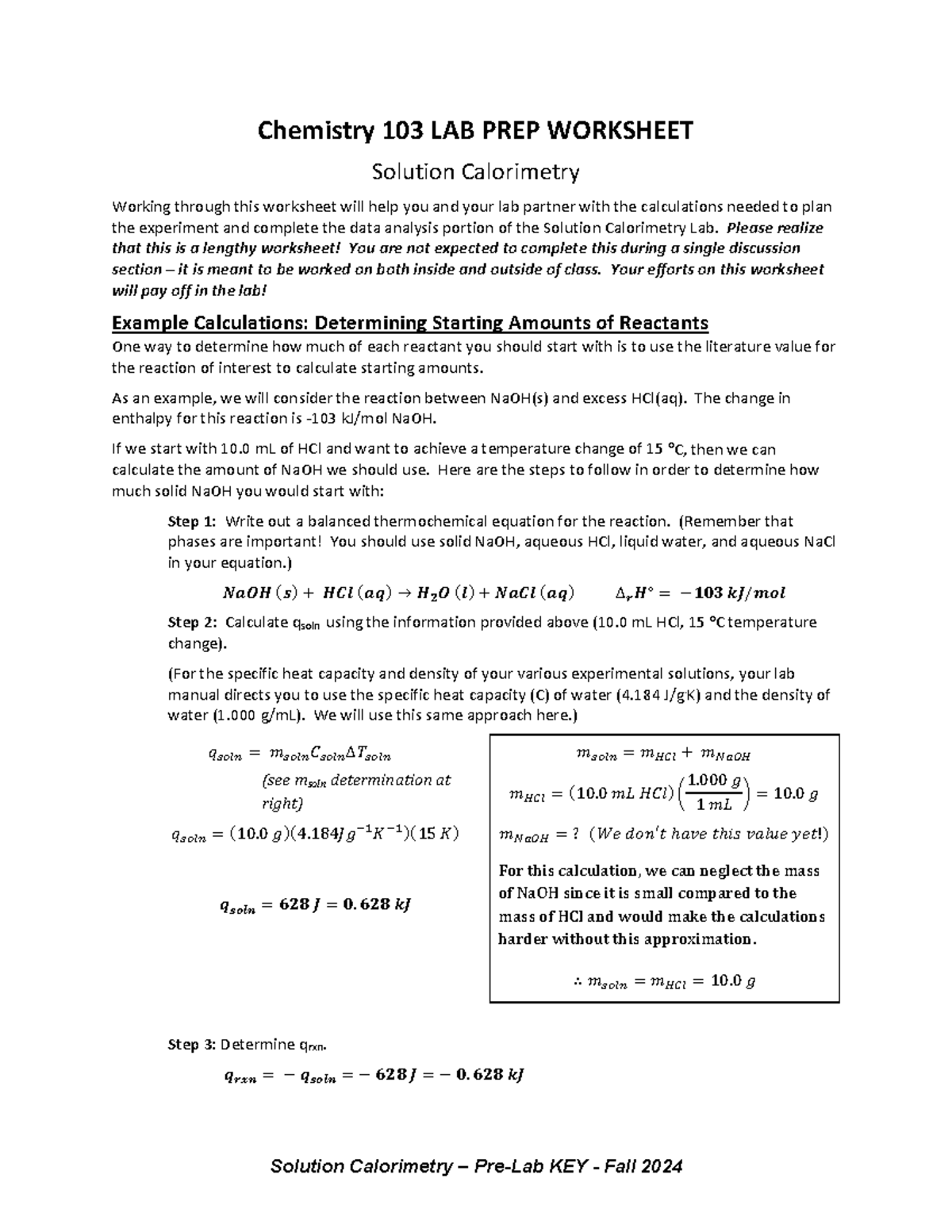 05 Sol Calorimetry Pre-Lab Fa24 KEY - Chemistry 103 LAB PREP WORKSHEET ...