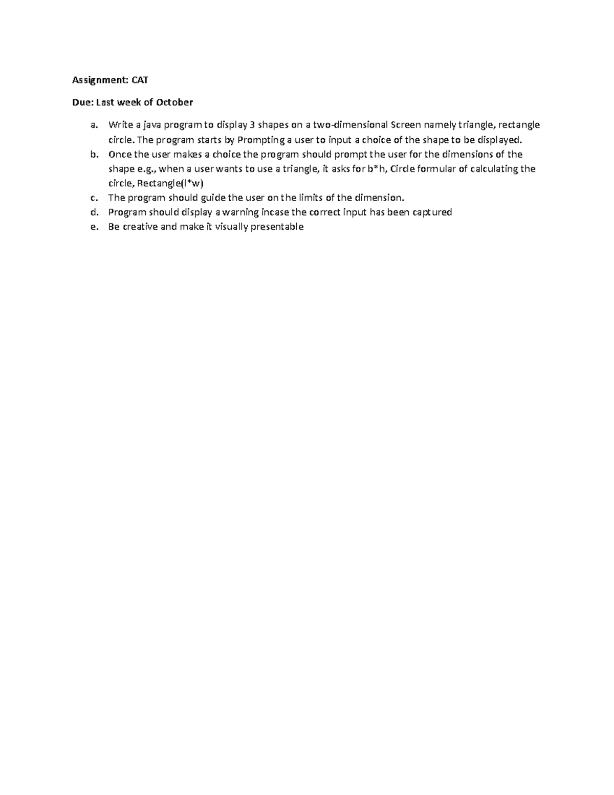 object oriented analysis and design cat 1 - Assignment: CAT Due: Last ...