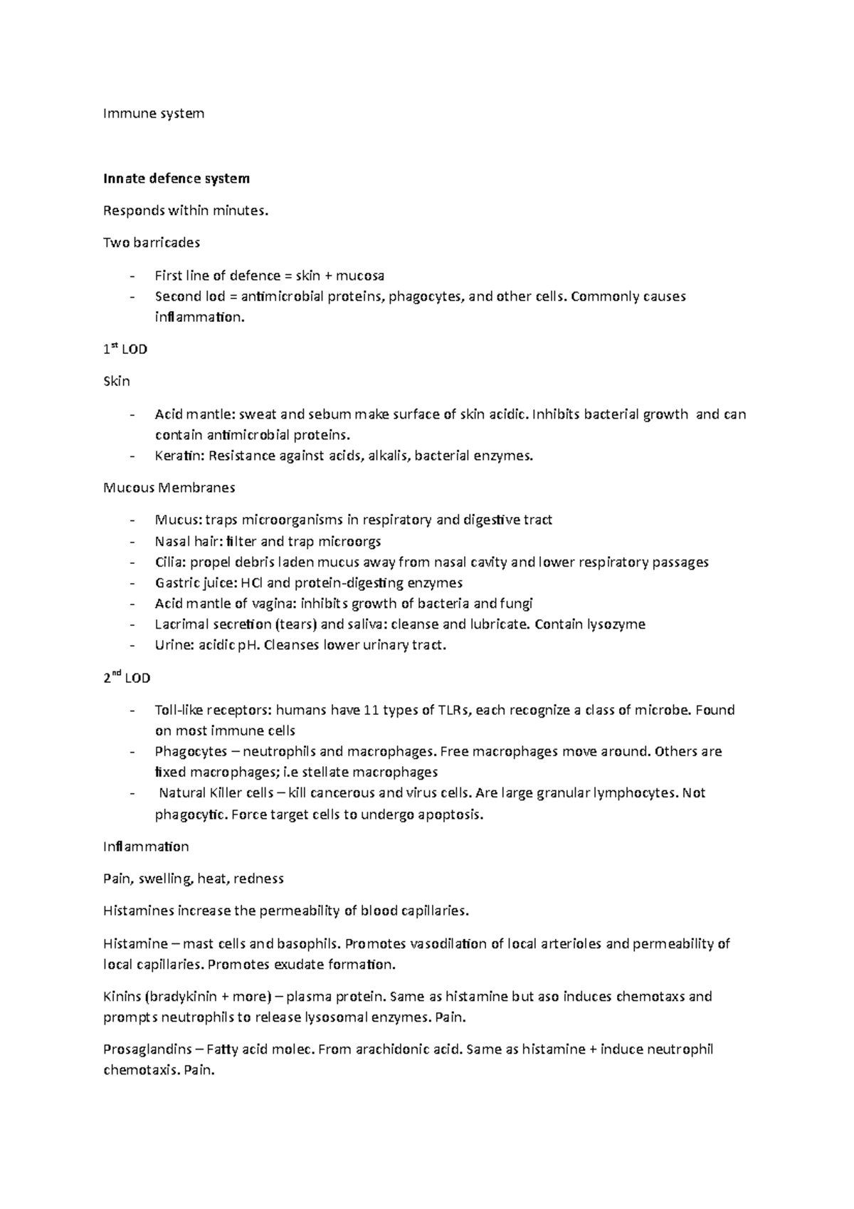 Immune System - Lecture notes 1 - Immune system Innate defence system ...