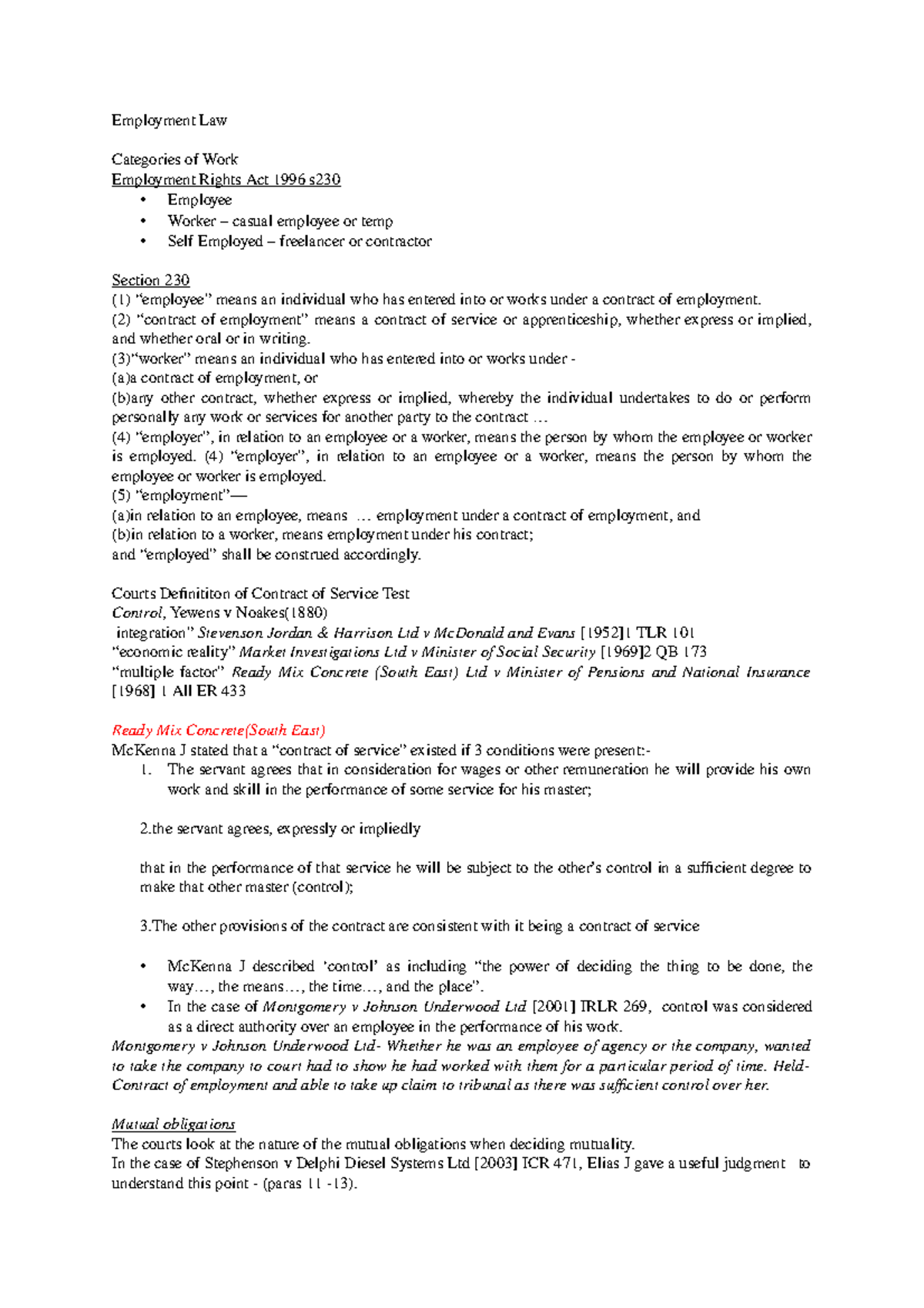 Employment Law lecture notes - Employment Law Categories of Work ...