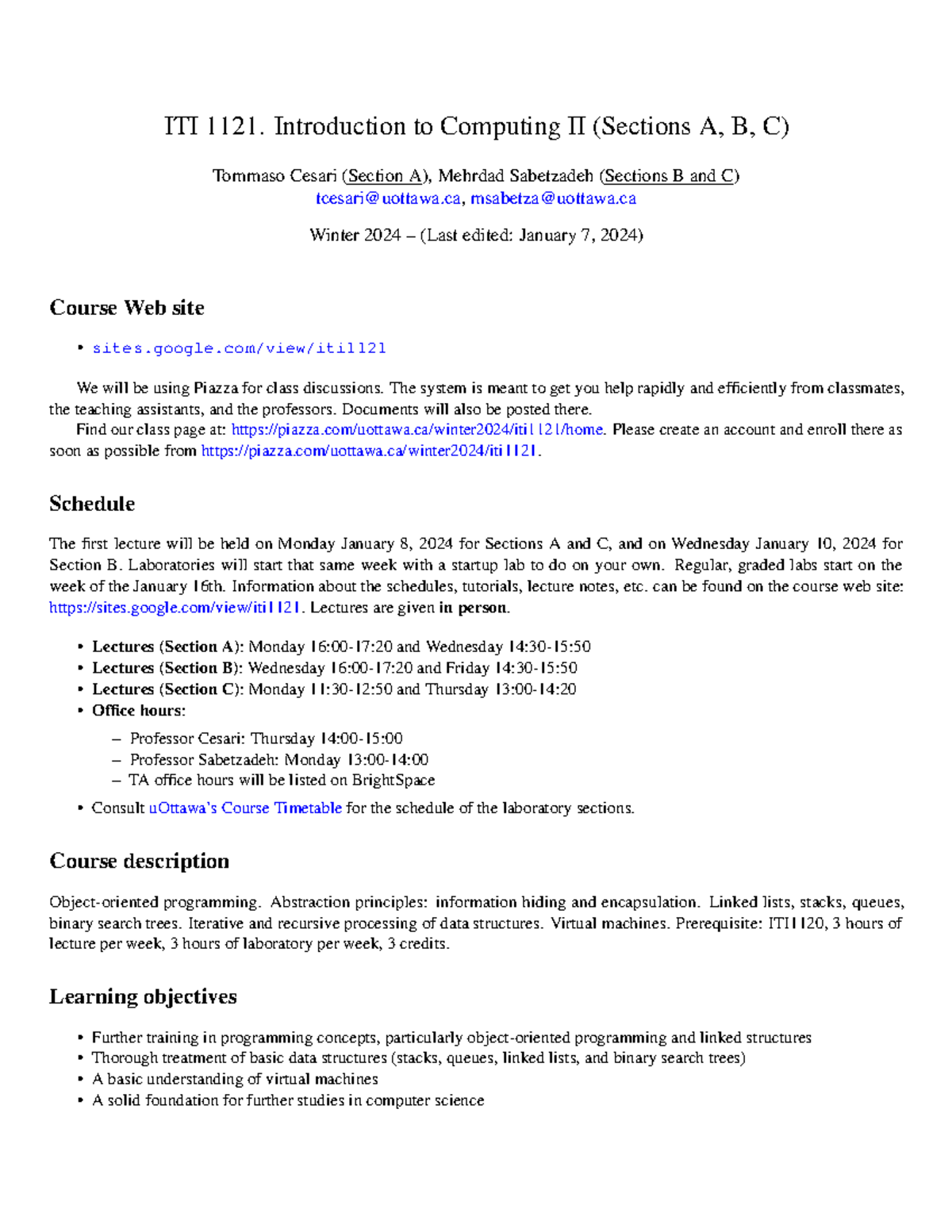 ITI1121 syllabus - ITI 1121. Introduction to Computing II (Sections A ...