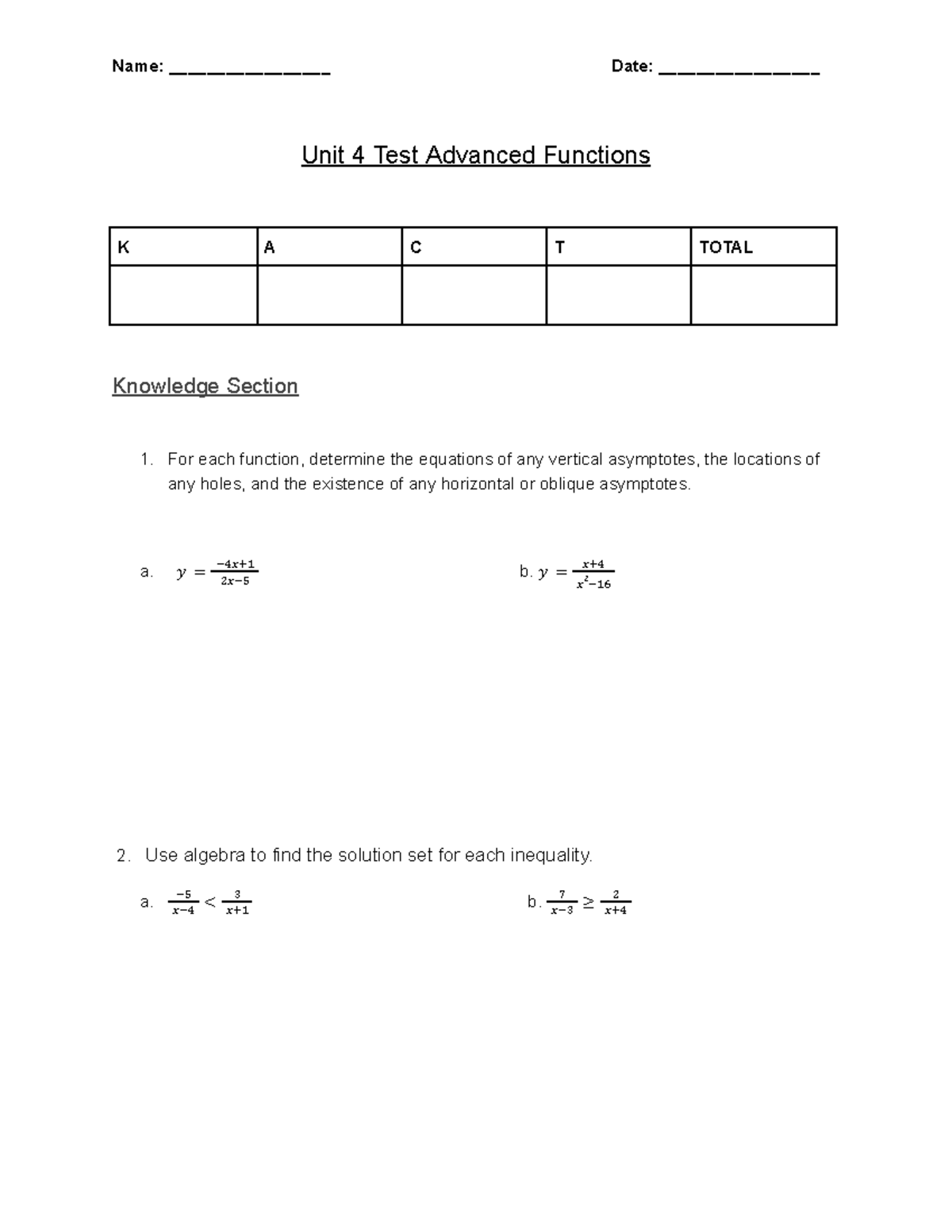 Unit 4 Test Advanced Functions - Unit 4 Test Advanced Functions K A C T ...